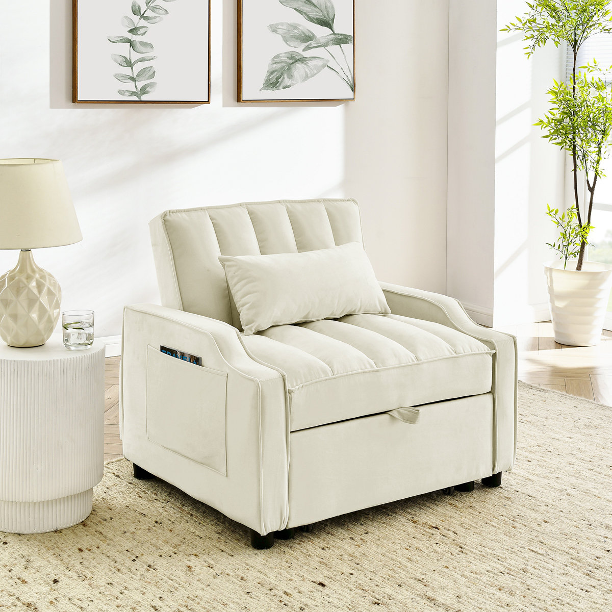 Latitude Run® Modern Velvet Armchair Sofa Couch Pull Out Bed,3 In One Convertible For Living ...