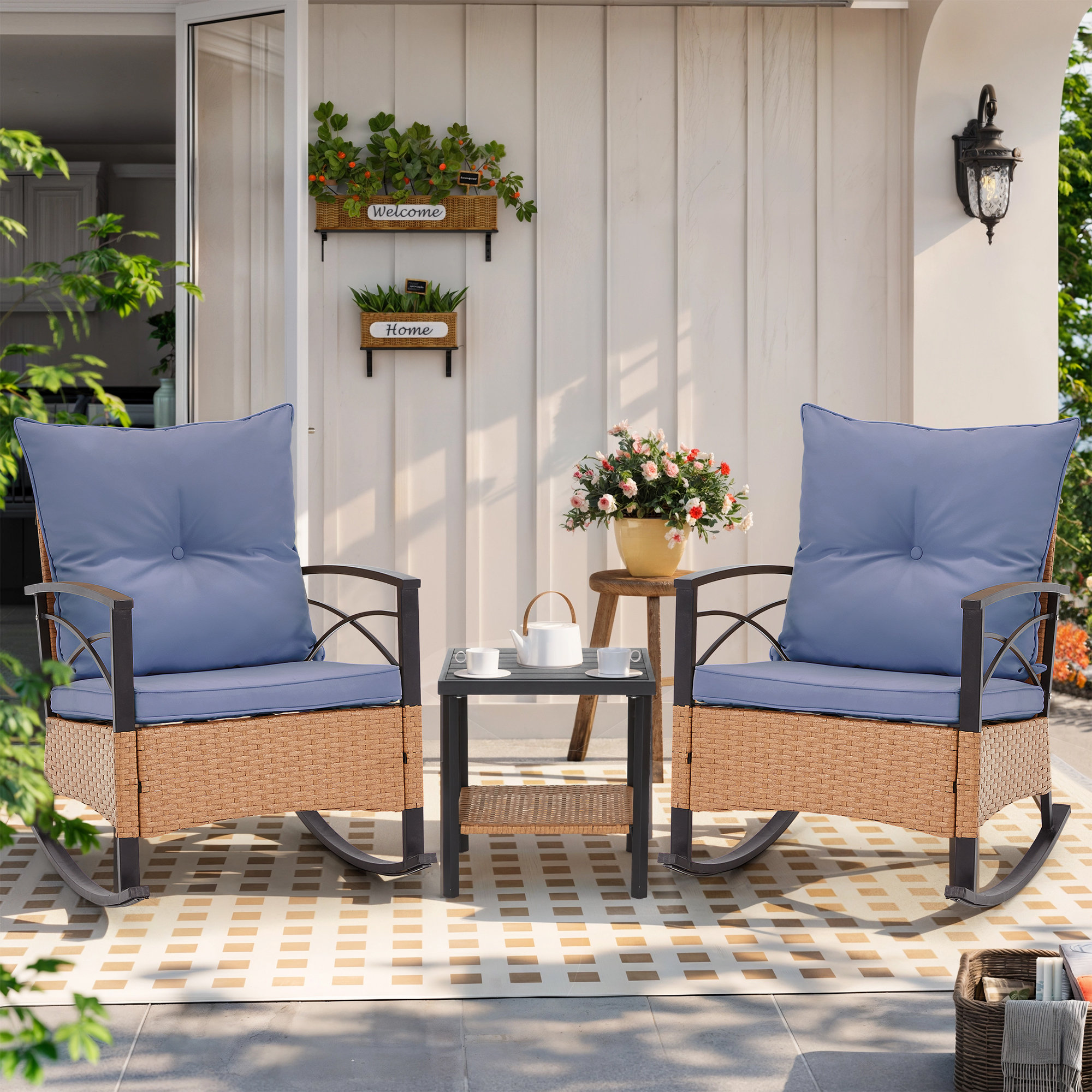 EROMMY 3-piece Bistro Set: Outdoor Pe Rattan Rocking Chairs With ...