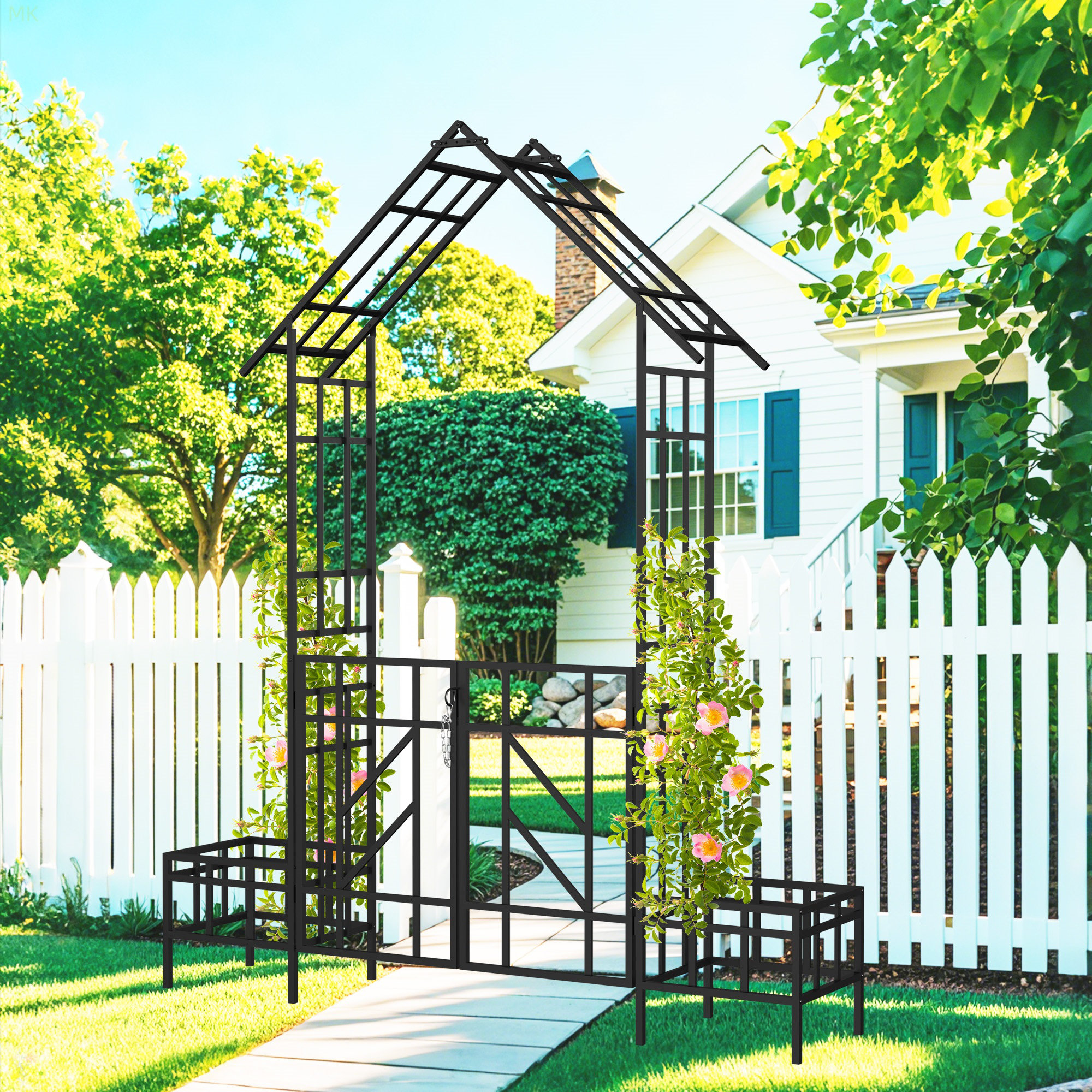 Arlmont & Co. Metal Garden Arch With Gate With Planter Climbing Plants ...