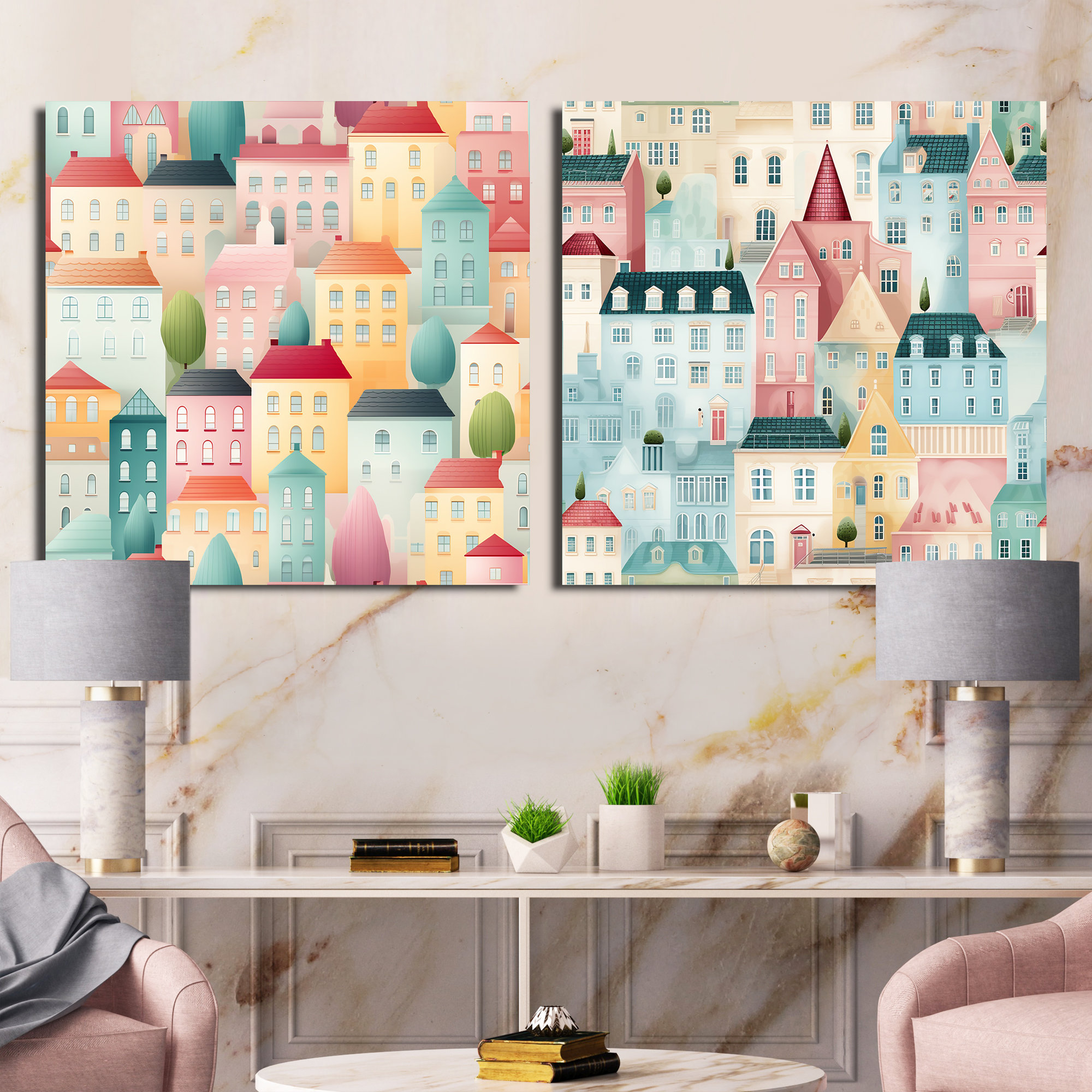 Design Art Soft Pastel Color Nordic Town Collage - Abstract Square ...