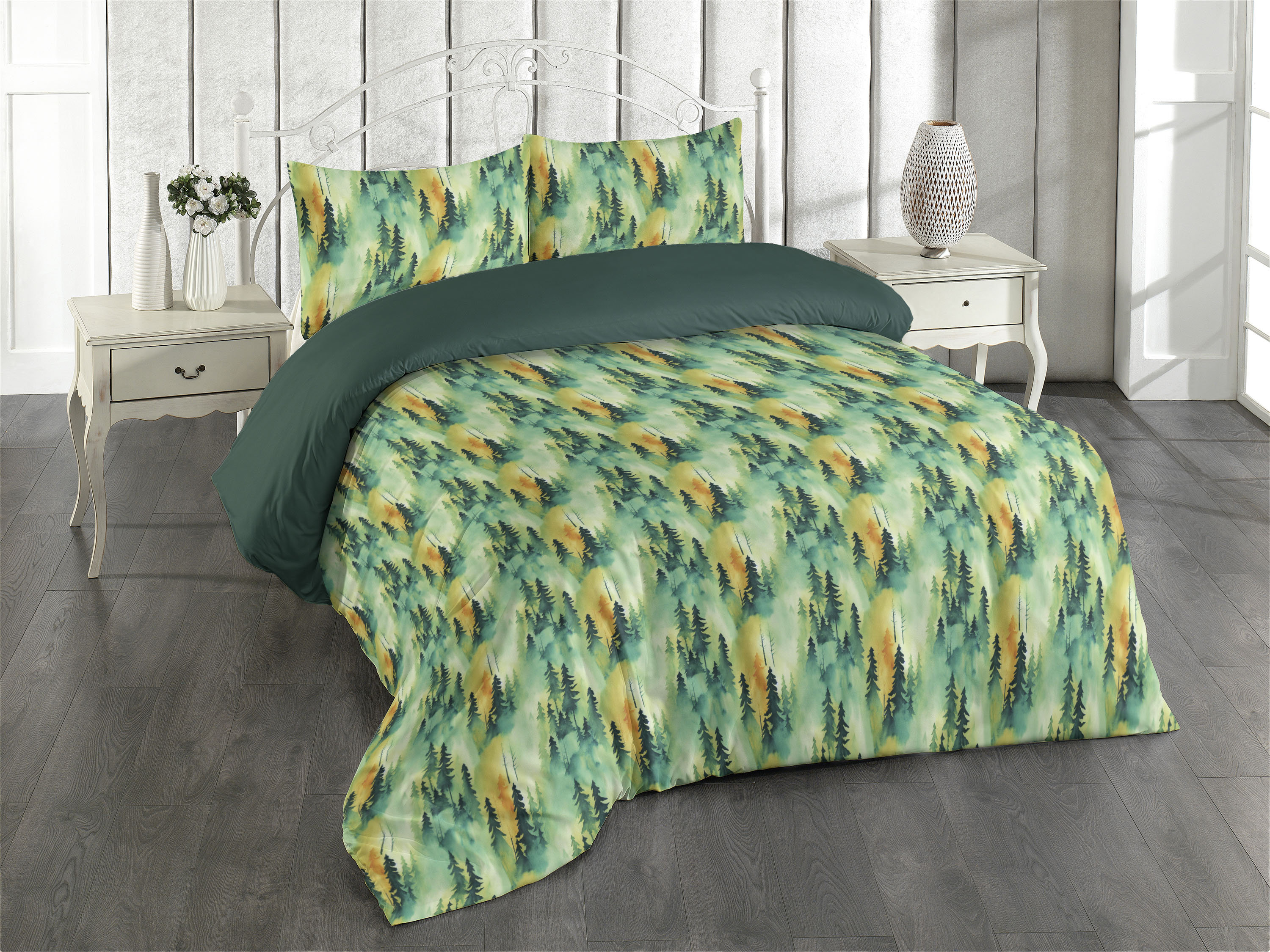 Ambesonne Nature Duvet Cover Set Vintage Forest Landscape Art Pistachio ...