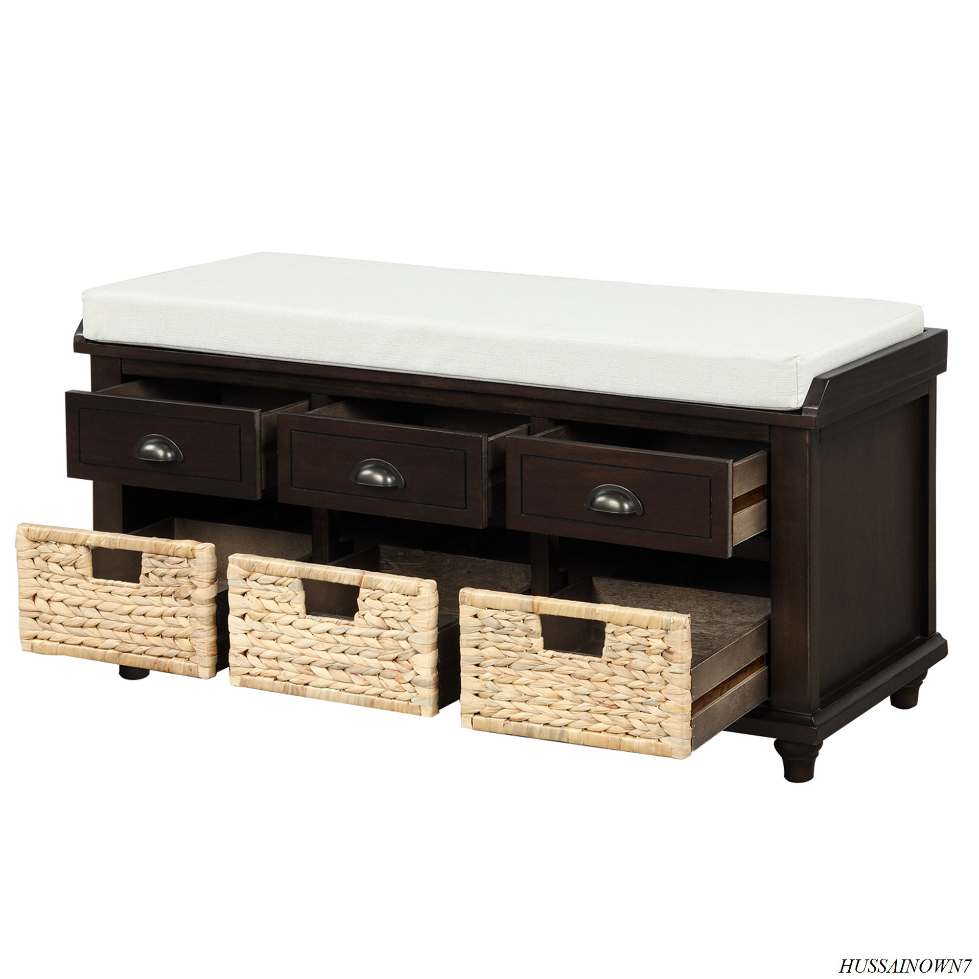 Gracie Oaks Rustic Storage Bench With 3 Drawers And 3 Rattan Baskets ...