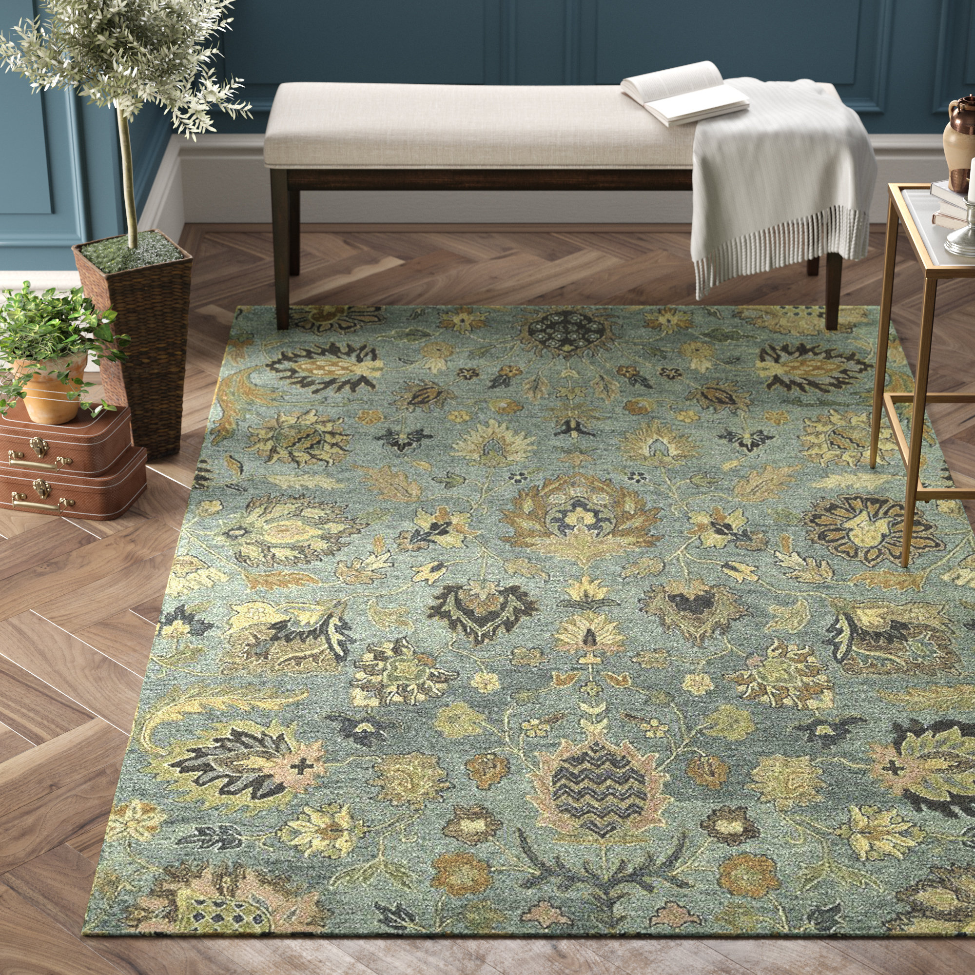 Charlton Home Casper Hand-Tufted Wool Light Blue Floral Area Rug ...