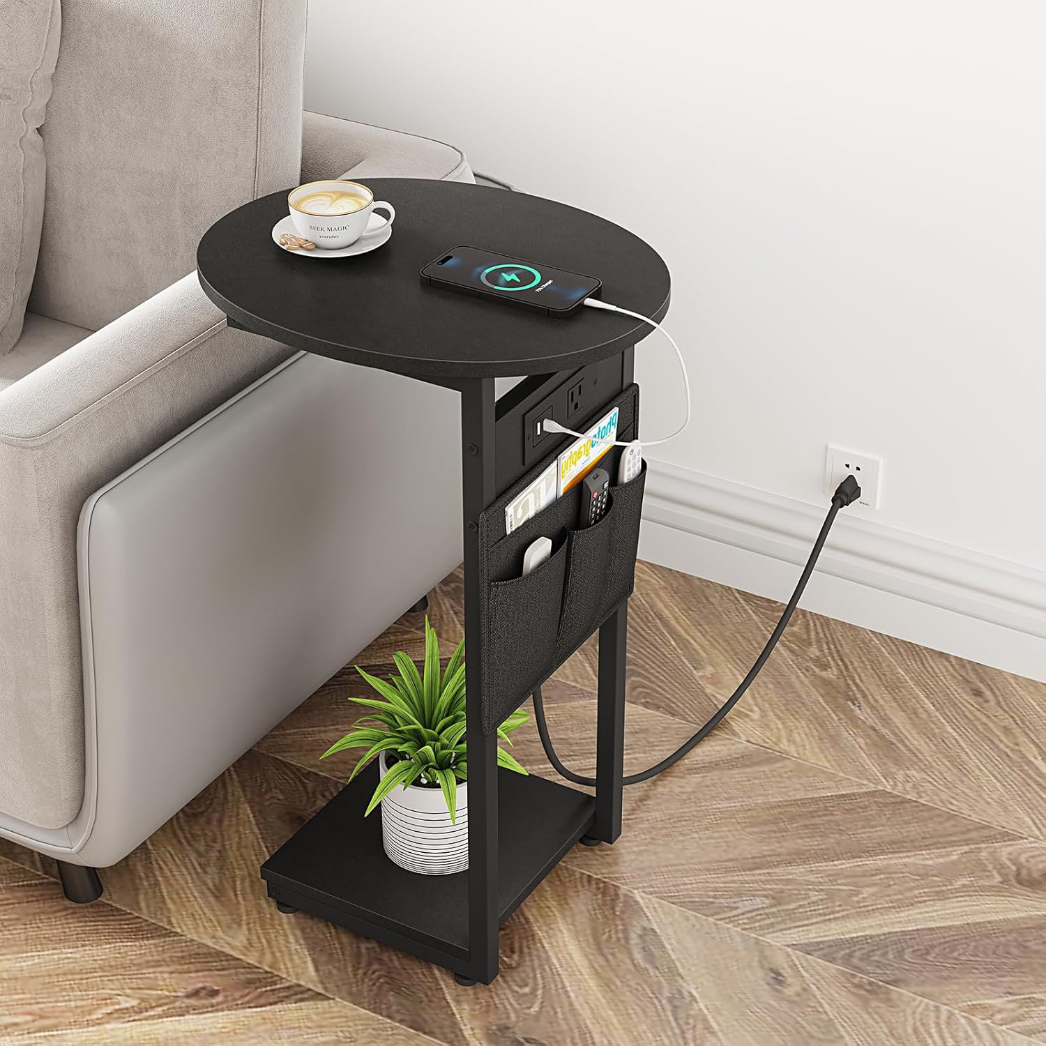 Ebern Designs C Shaped End Table With Charging Station, Small Side ...