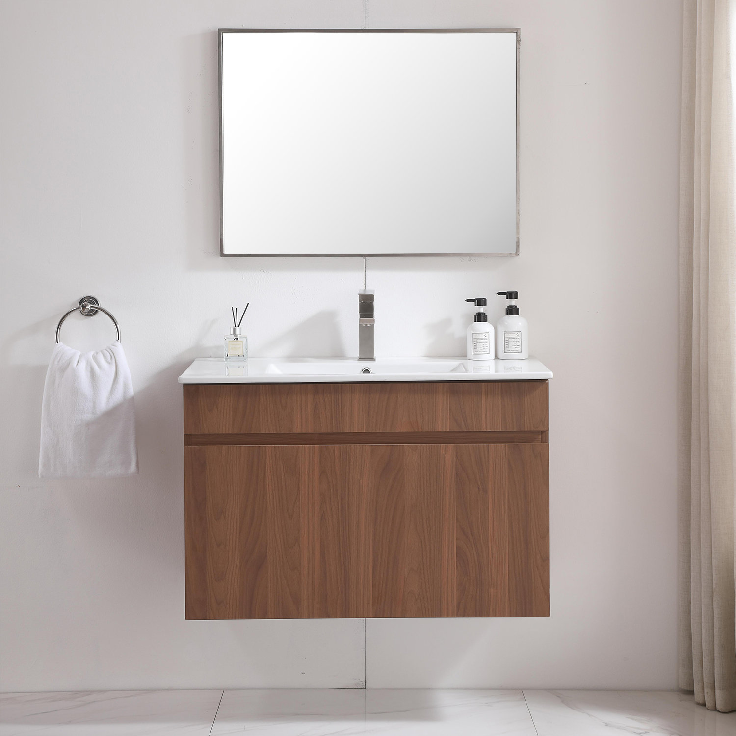 Ebern Designs Euan 36'' Walnut Modern Wall Mounted Single Bathroom ...