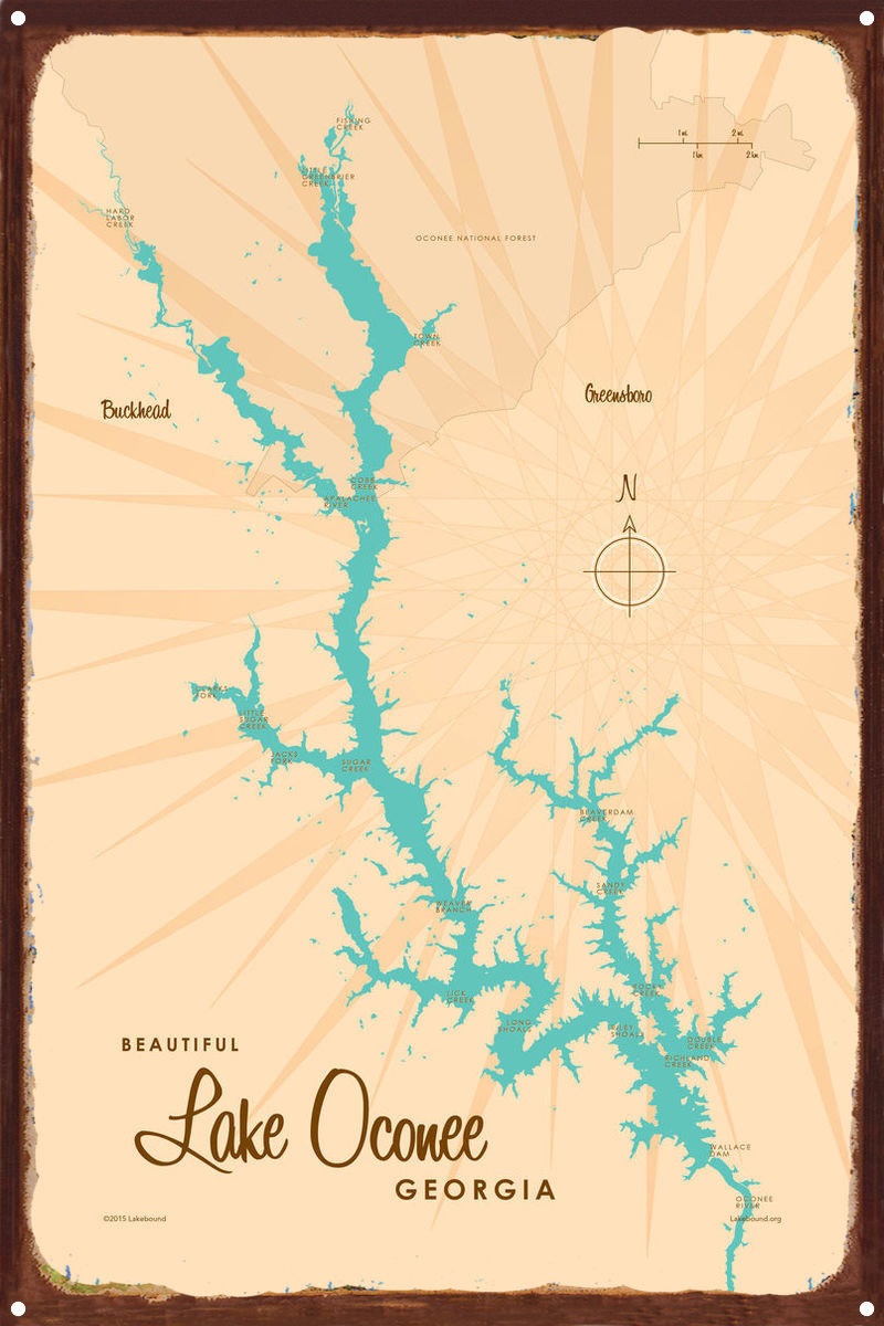 Breakwater Bay Lake Oconee Georgia Map Rustic Metal Art Print - by ...