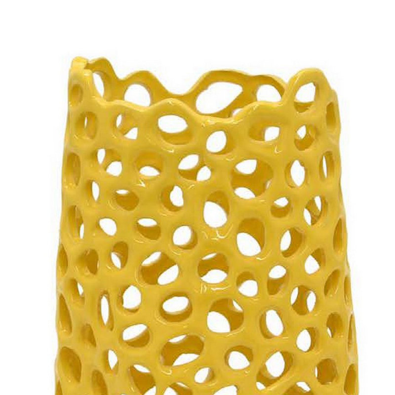 Benjara Kifa Flower Vase, Modern Cutout Textured Look, 15 Inch Yellow ...