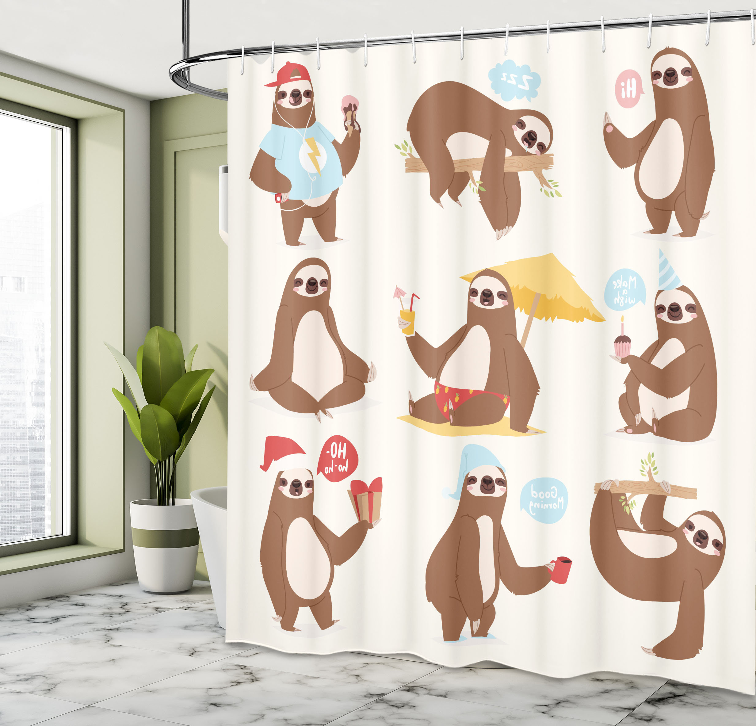 Dakota Fields Sloth Shower Curtain Funny Sluggard Animal Brown Pale ...