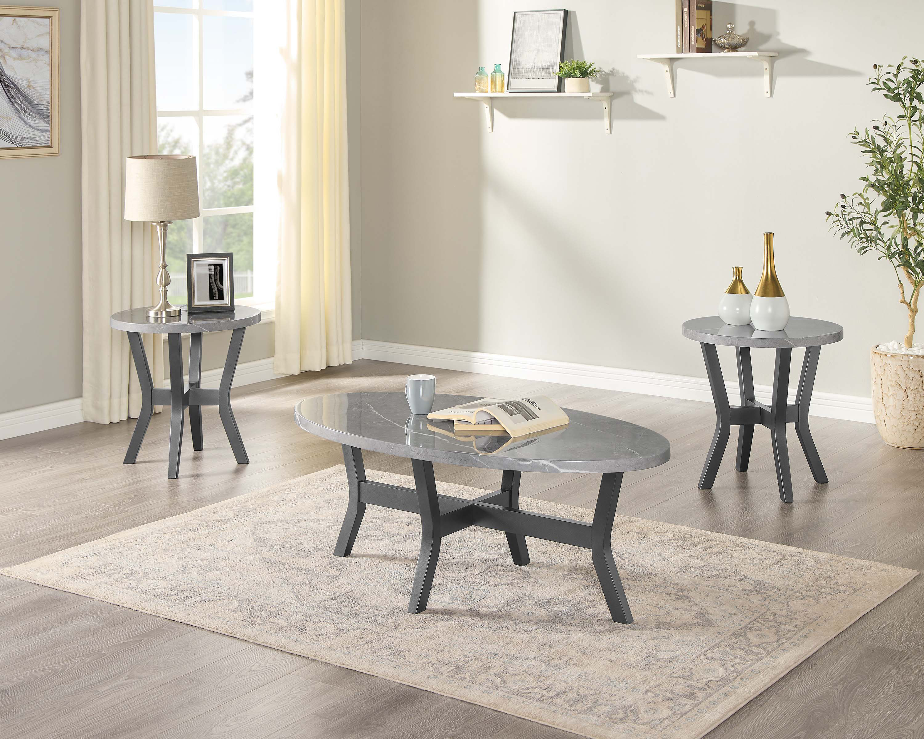 Red Barrel Studio Grey 3 Piece Cocktail Set Faux Marble Top Oval Coffee