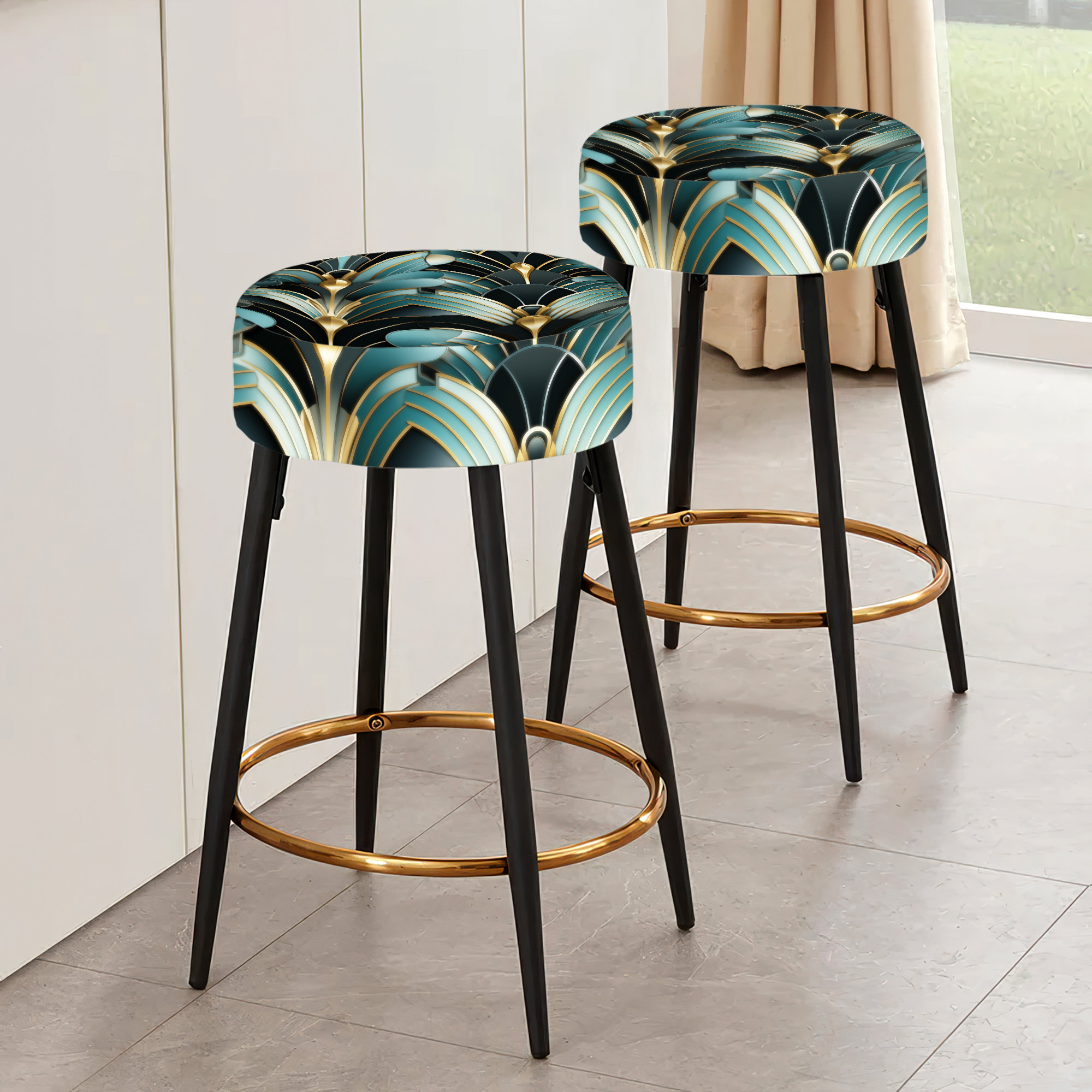 Design Art Damask Emerald And Gold Art Deco Pattern - Damask Bar Stools ...