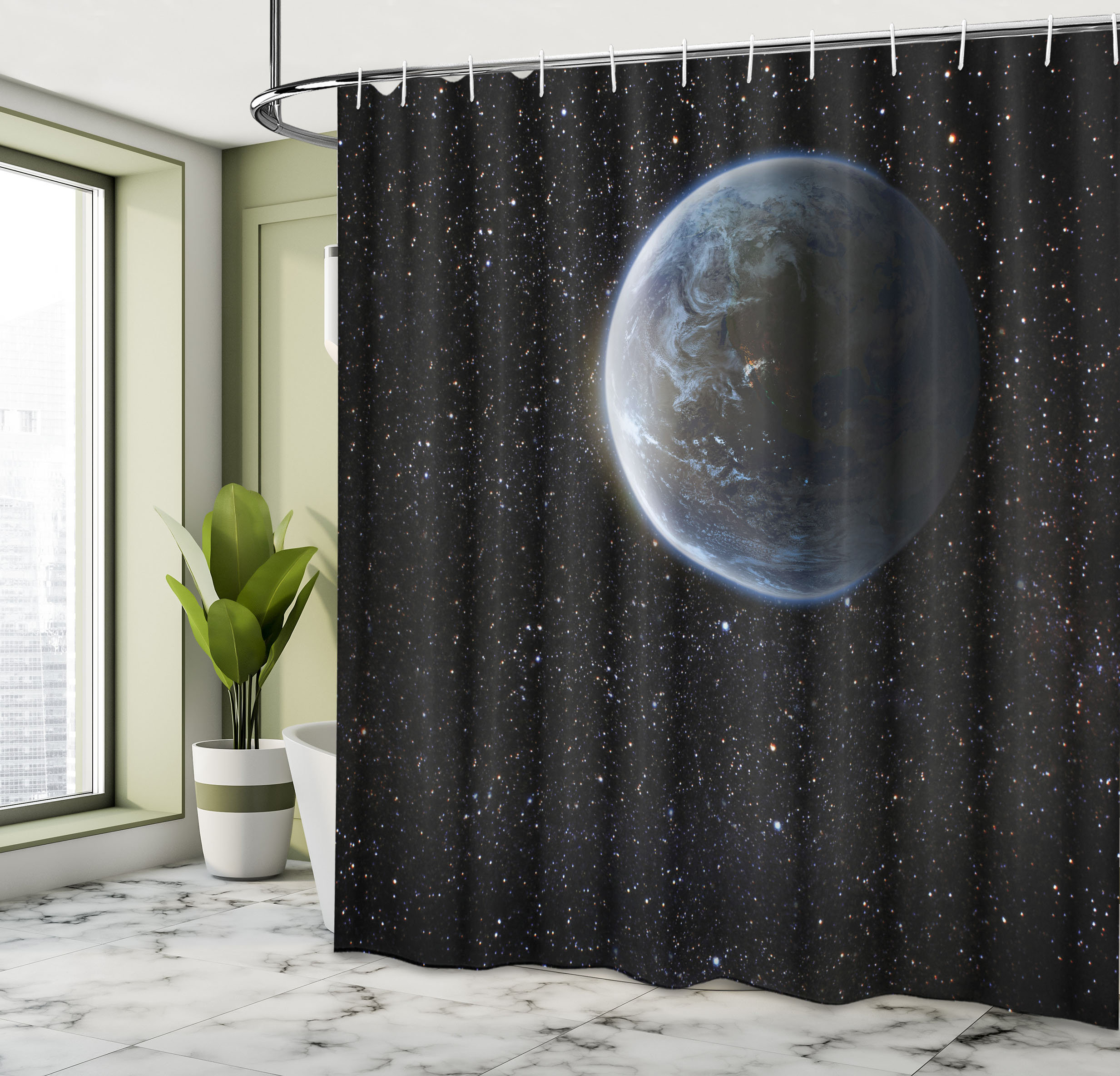 Ivy Bronx Galaxy Shower Curtain Moon Planet Earth Cosmos Blue Black ...