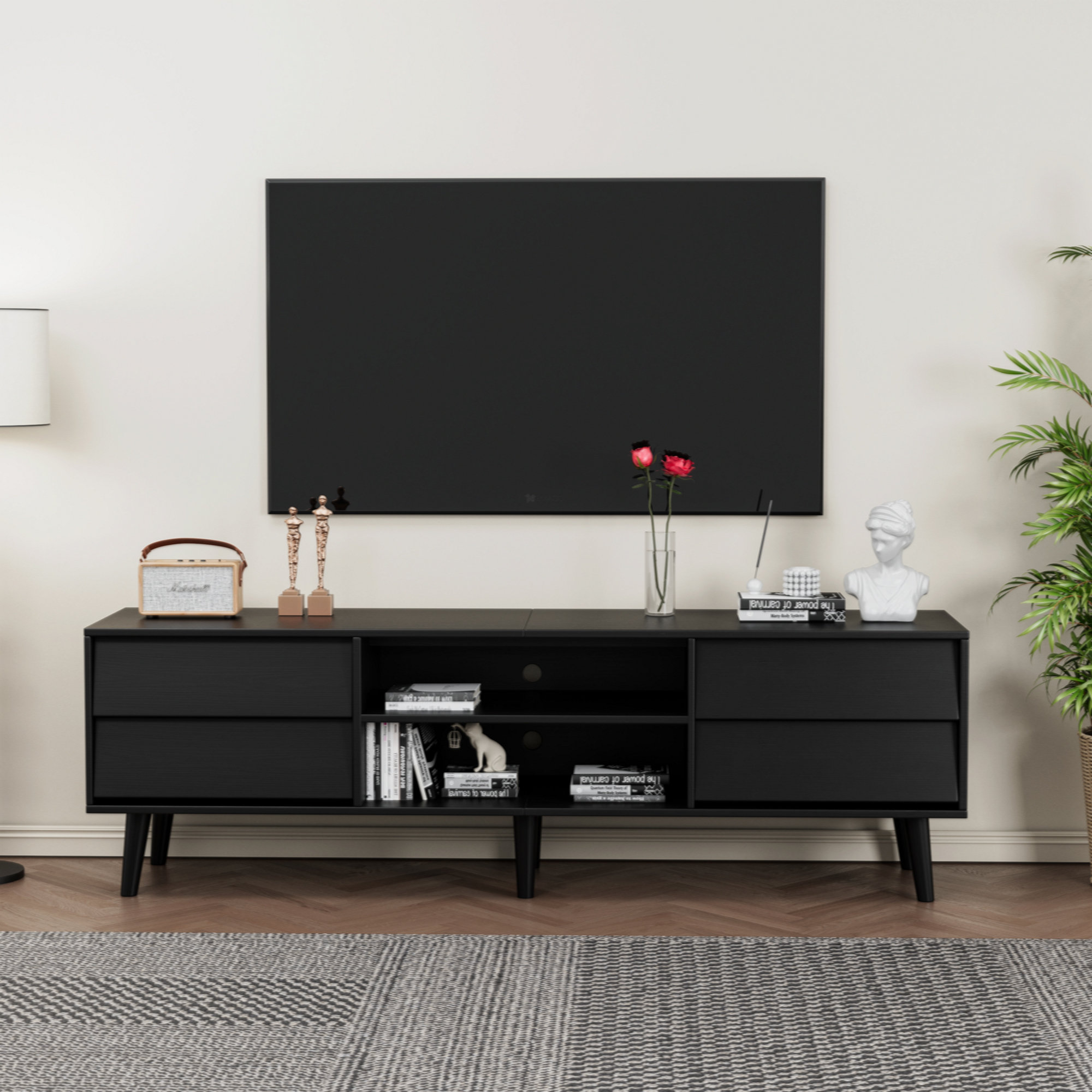 TV Console With Outlets 63-Inch Mid-Century Modern TV Stand For Up To ...