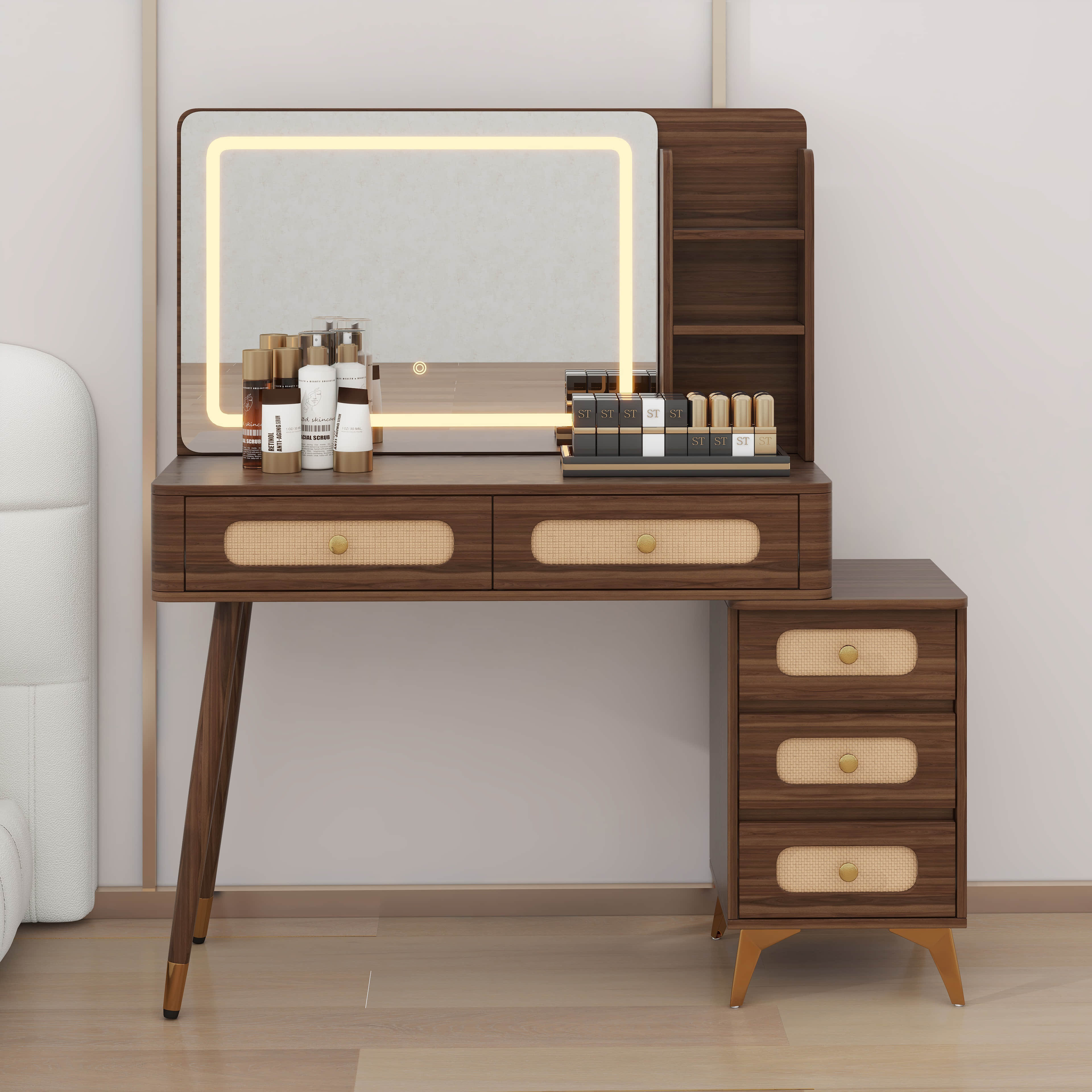 George Oliver Makeup Vanity With Mirror And Lights, Rattan Drawer ...