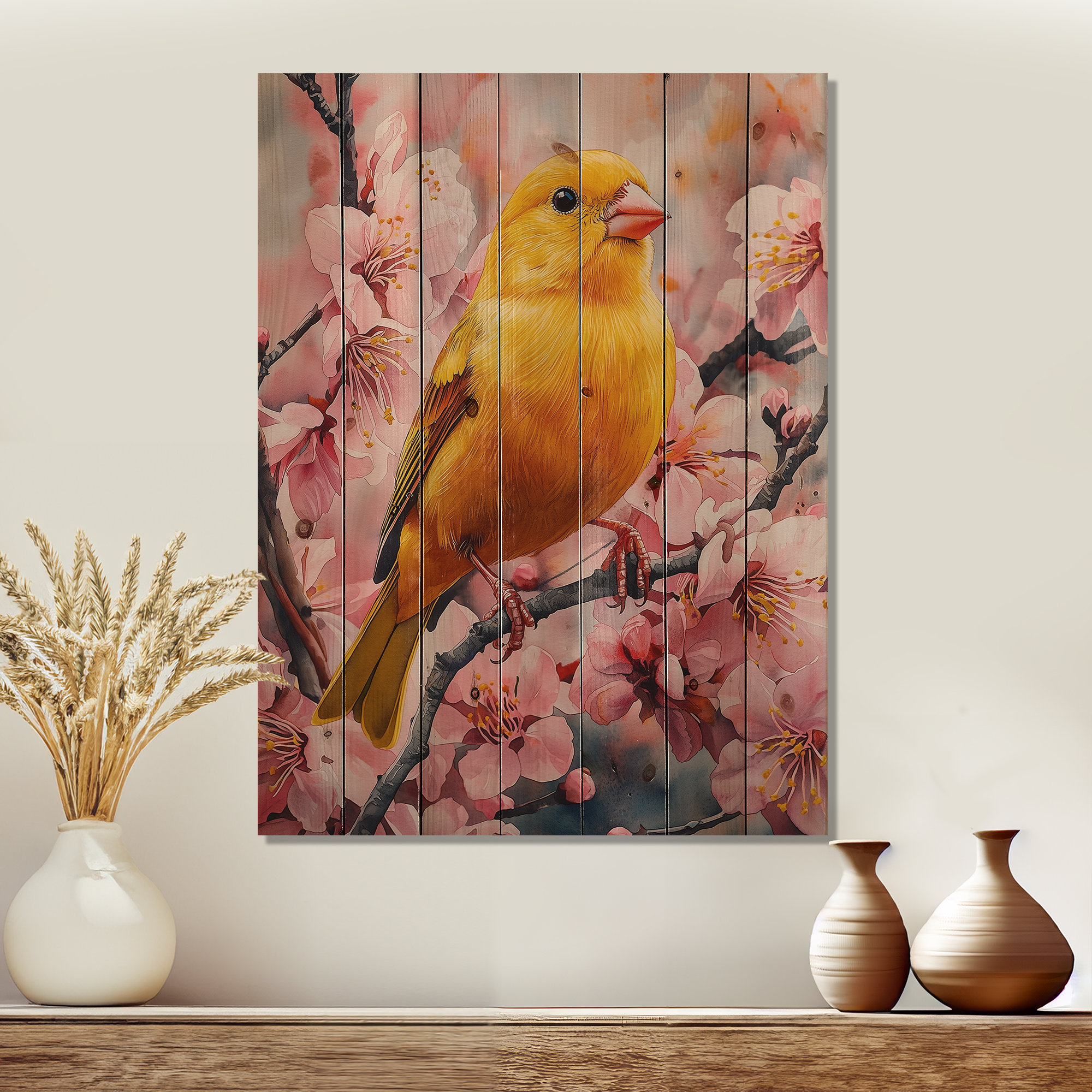 Ophelia & Co. Golden Finch Among The Pink Blossoms Tree IV - Bird Wood ...
