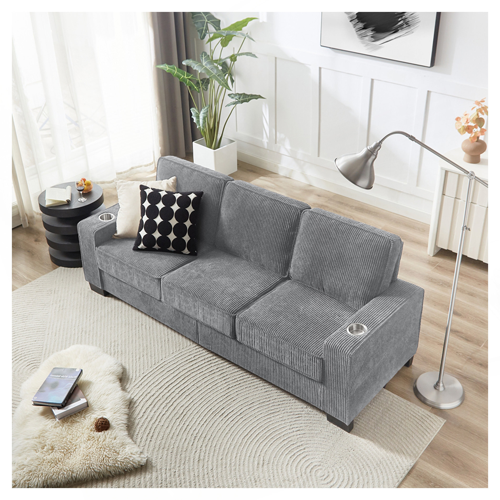 Ebern Designs 83.86"Snowfleece Fabric Sofa,Modern Compressed Couch,3 ...