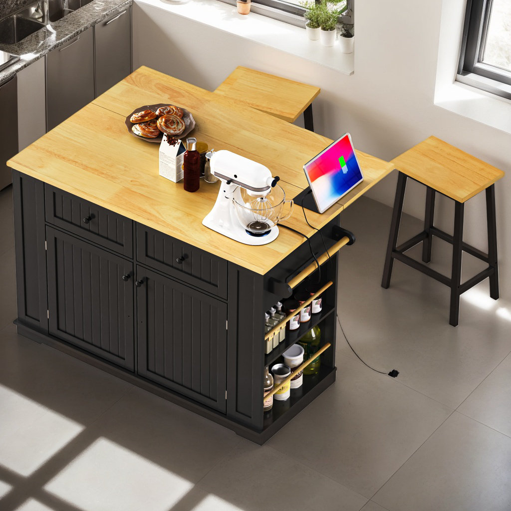 Lark Manor™ 48" Large Kitchen Island Set With 2 Bar Stools, Power ...