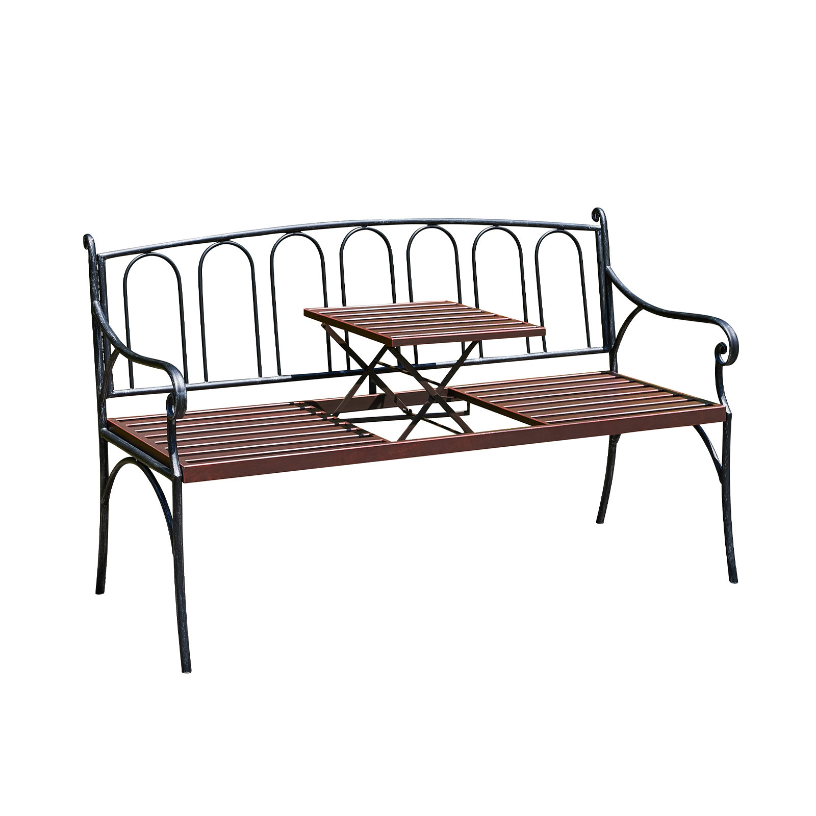 Finlonte Finlonte Outdoor Metal Garden Bench w/Pullout Middle Table ...