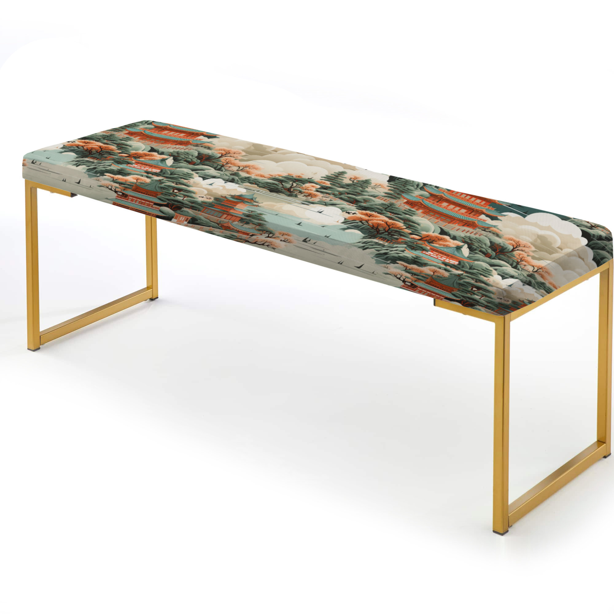Design Art Pagoda Inspirations - Chinese Upholstered Gold Bench | Wayfair