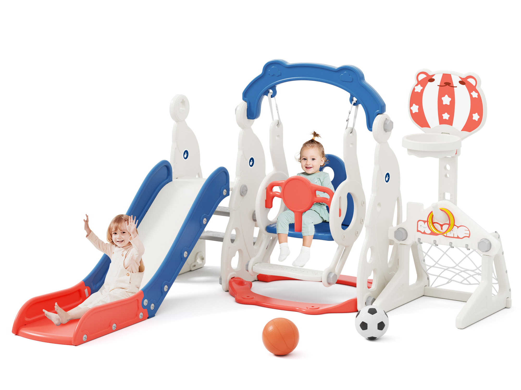 67i 6 In 1 Kids Slide Swing Set With Football Basketball Ring Toss ...