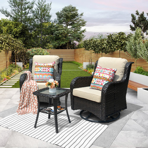 Lark Manor Tommy Swivel Wicker Rattan Outdoor Rocking Chairs Set with ...