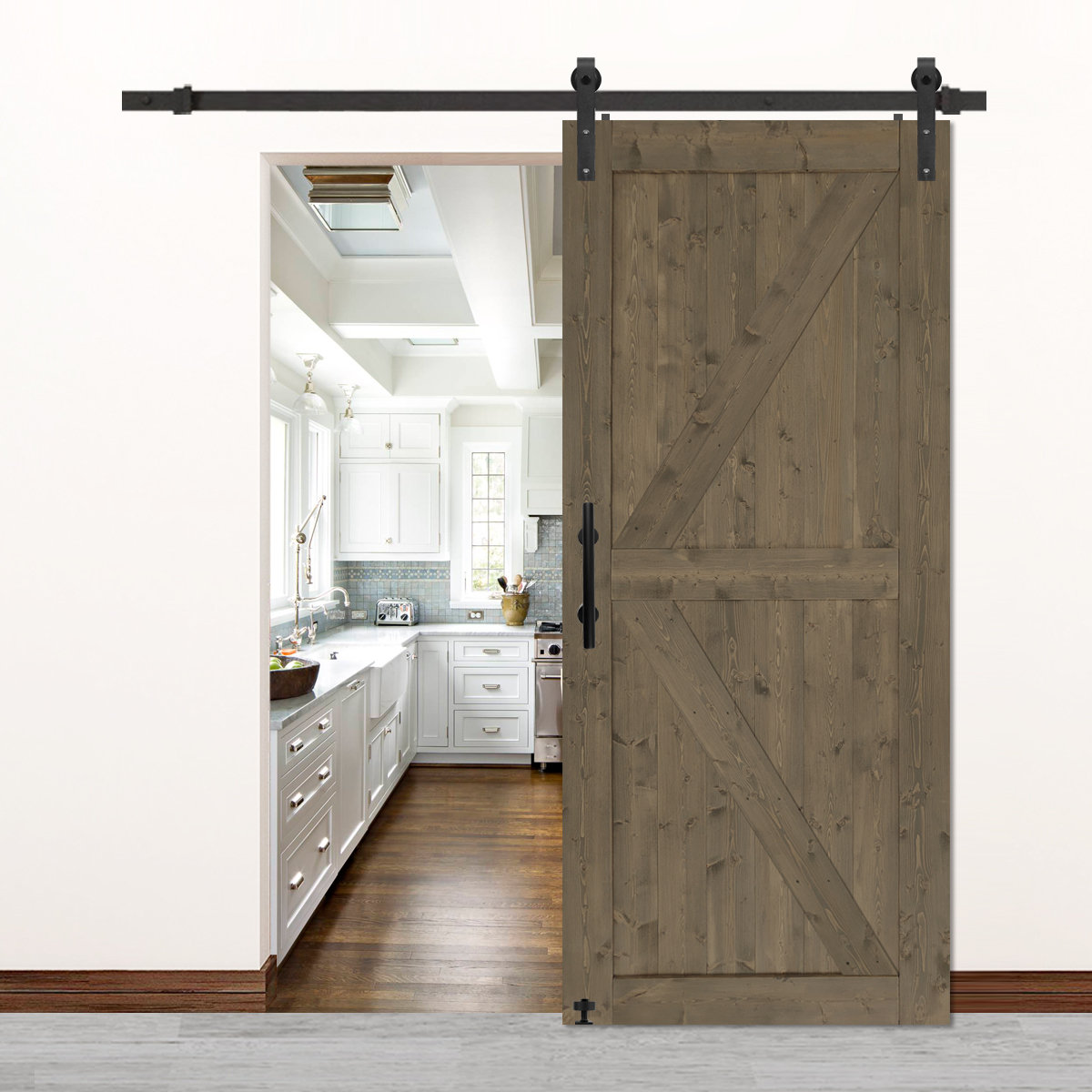 S&Z TOPHAND Panelled Wood/Metal Barn Door with Installation Hardware ...