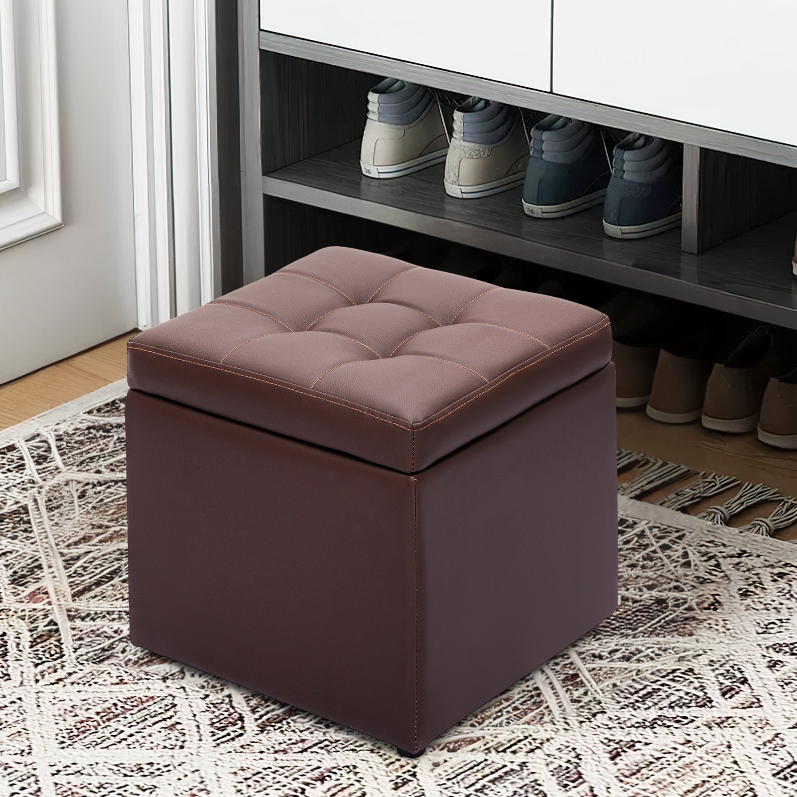 Ebern Designs Donabelle PU Leather Upholstered Cube Ottoman, Button ...