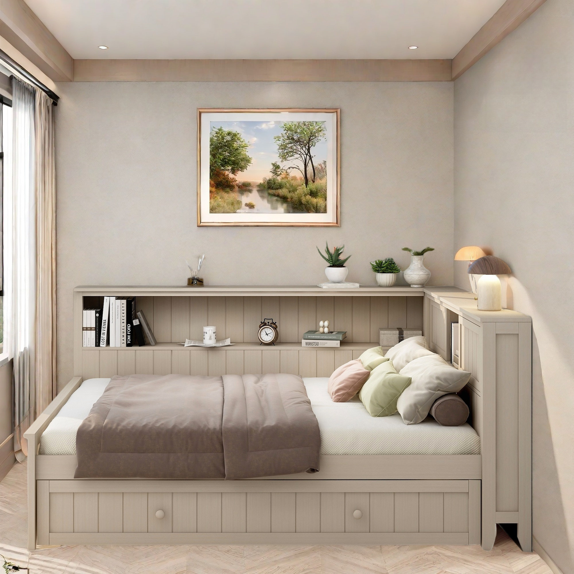 Hokku Designs Full Size Wood Daybed With Storage Shelves, 2 Sliding ...