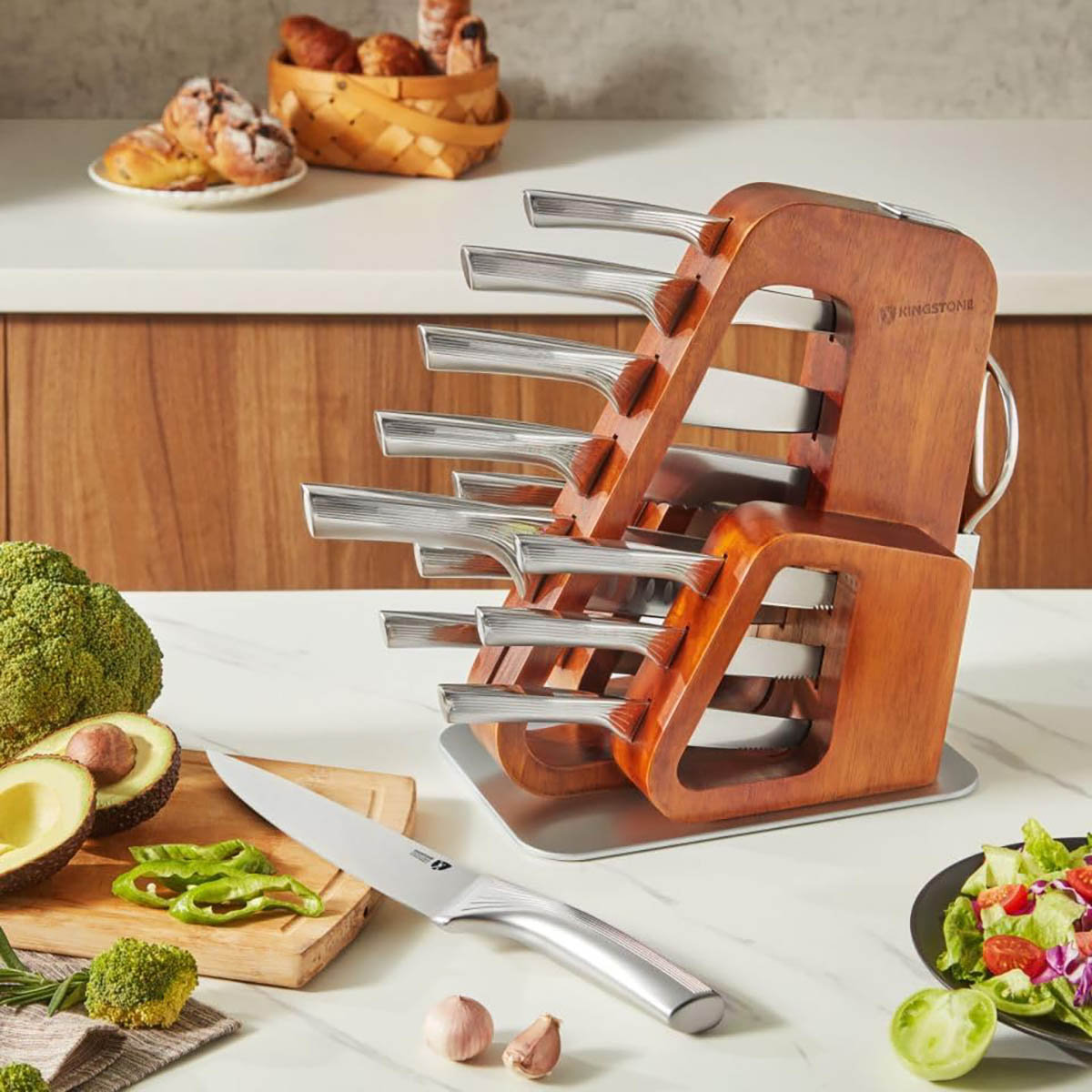 Asalwa Kitchen Knife Set With Block, Self Sharpening Knife Block Set ...