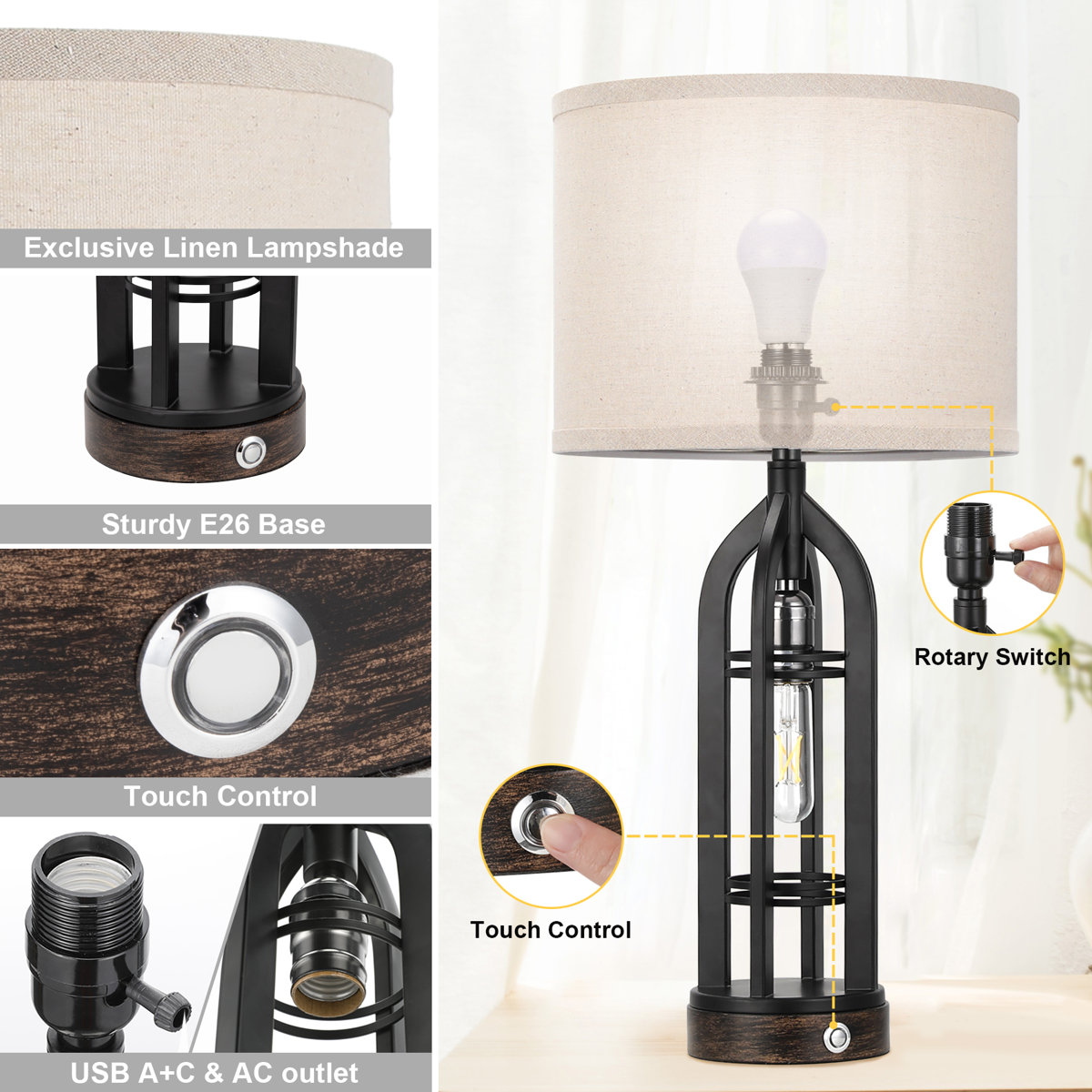 Ebern Designs 25'' Farmhouse Table Lamp Set with Rotary Socket and USB ...