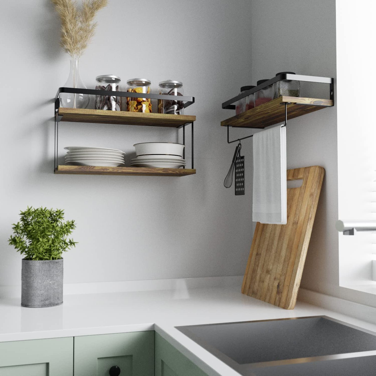17 Stories 2+1 Tier Wall Mounted Floating Shelves Set Of 2, Rustic Wood ...