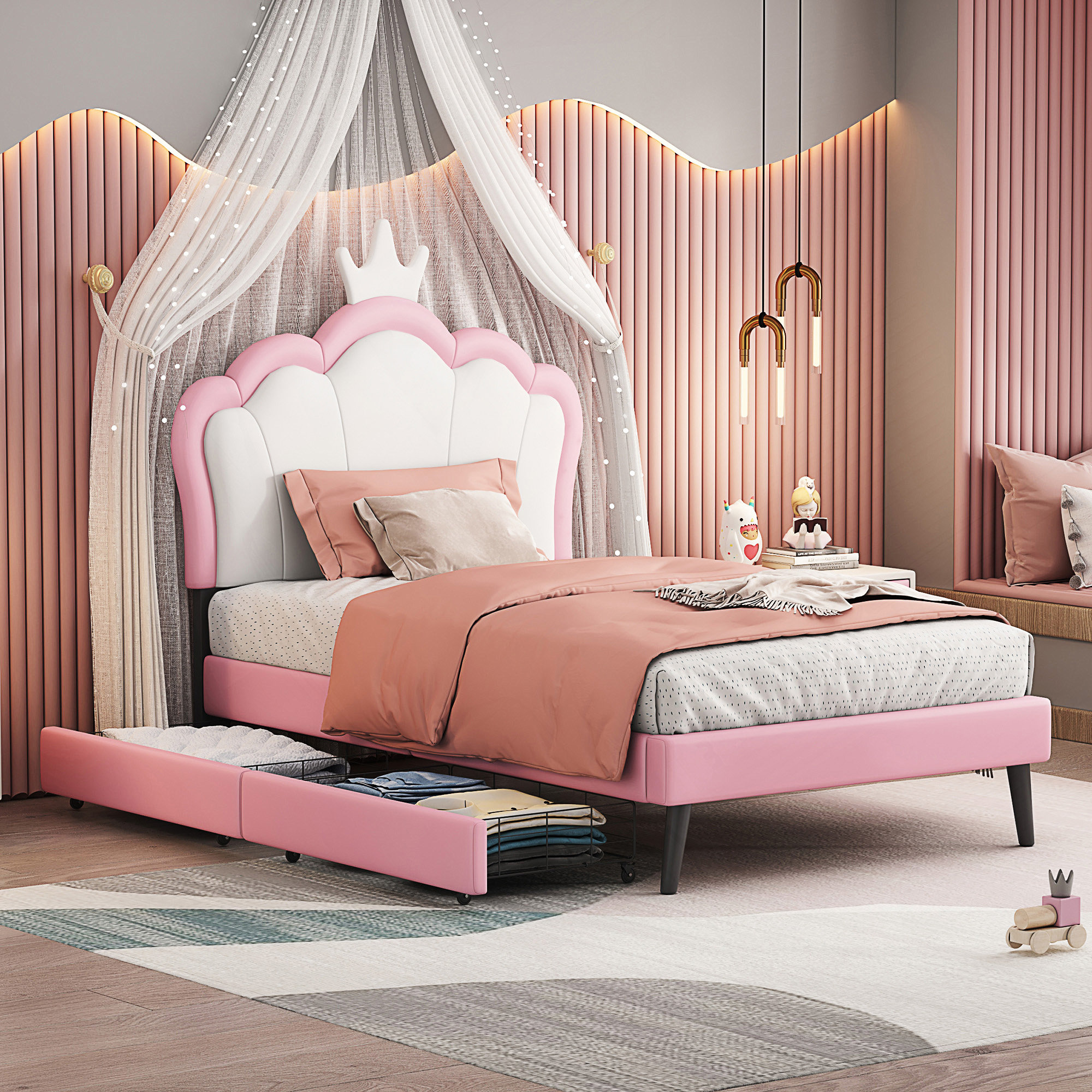 Gemma Violet Twin Size Upholstered Princess Bed With Crown Headboard ...