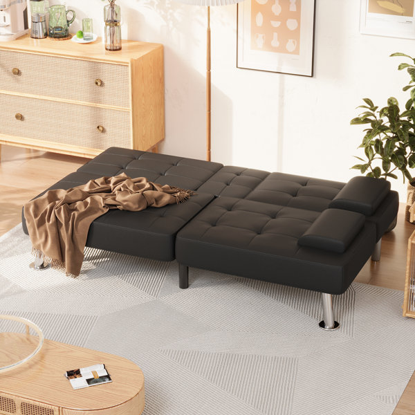 Wrought Studio™ 65" Futon Sofa Bed, Faux Leather Convertible Futon ...