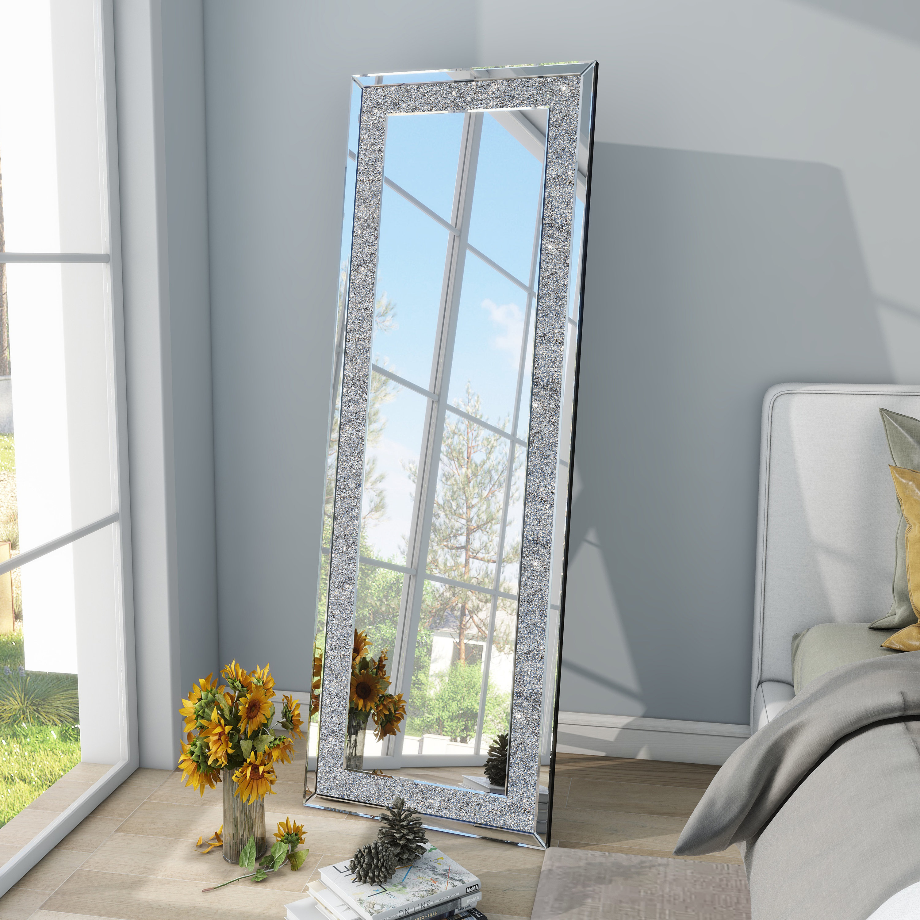 Everly Quinn Casmer Diamond Floor Mirror 22" Wide with Stand & Reviews ...