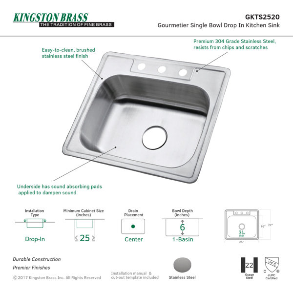 Kingston Brass Studio 25-Inch Stainless Steel Self-Rimming 3-Hole ...