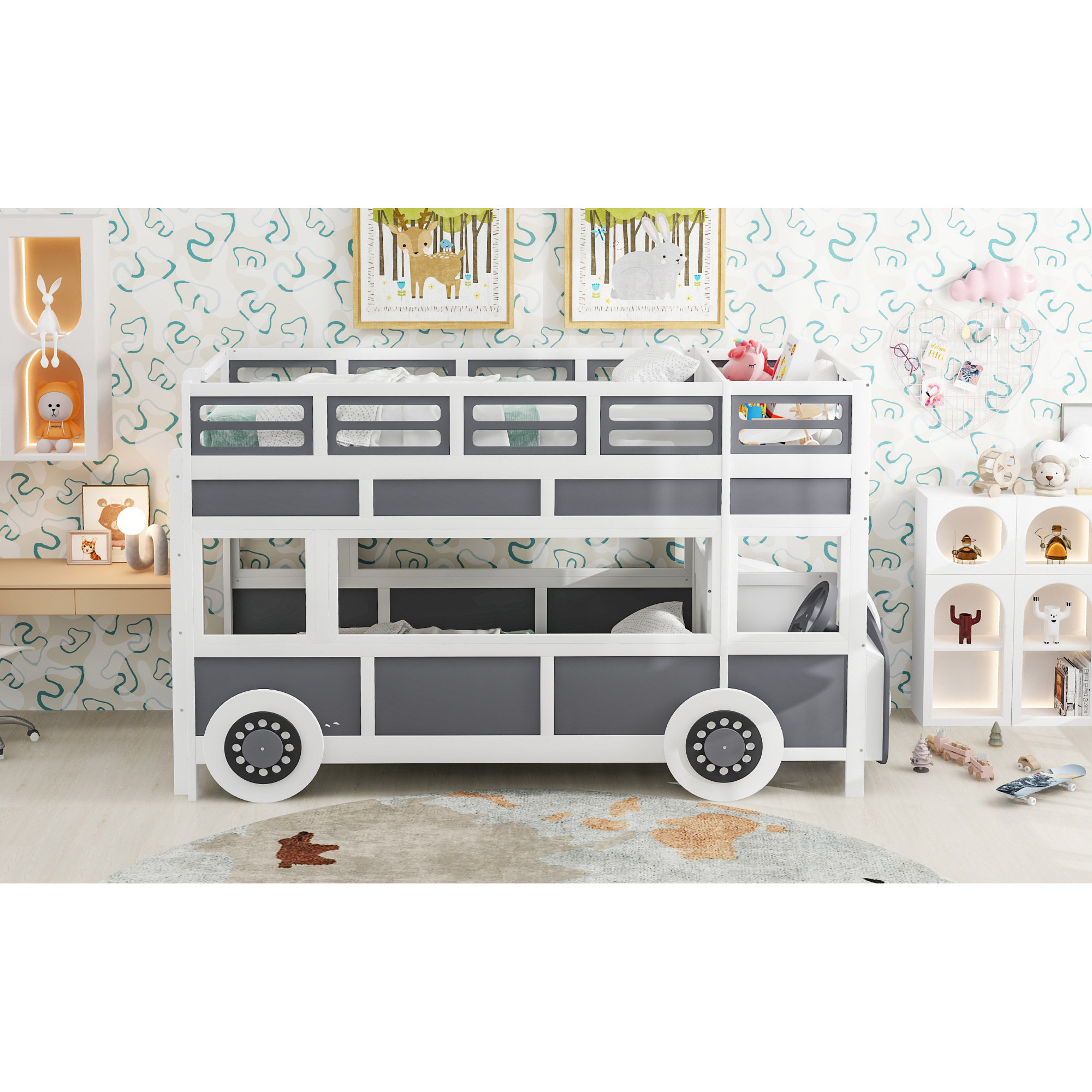 Zoomie Kids Innovative Bus-shaped Twin Bunk Bed With Storage Solid Wood ...