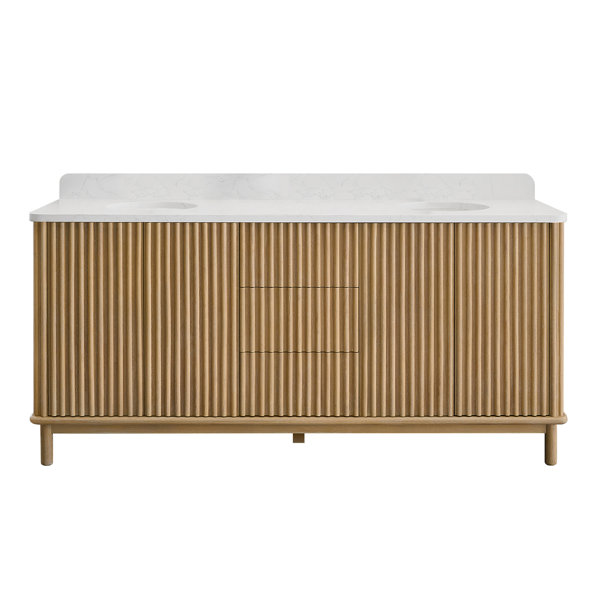 Ebern Designs Seoul 72" Double Vanity in Washed Ash Grey with White ...