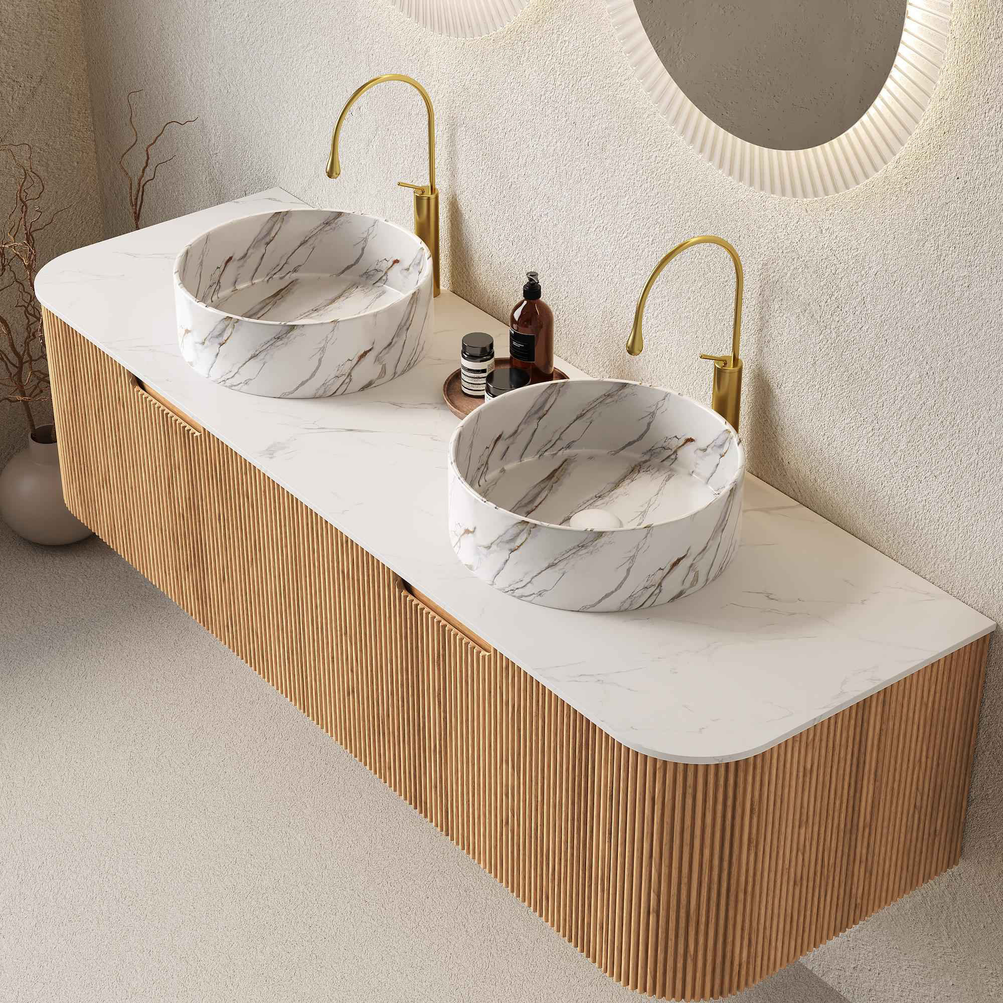 Hokku Designs 60" Bathroom Vanity with Sinks, Wall-Mounted Curved Edges ...
