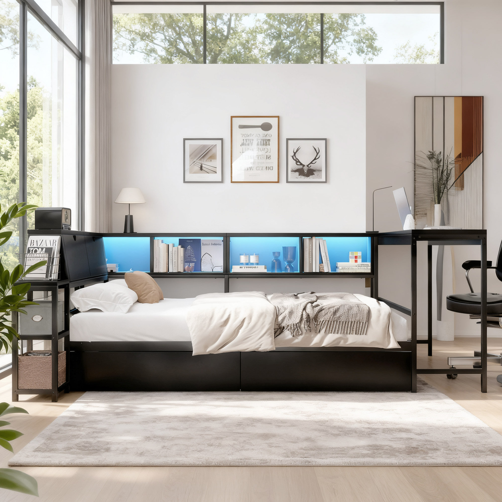 Latitude Run® Full Corner Platform Bed with Bookcase Headboard,LED ...