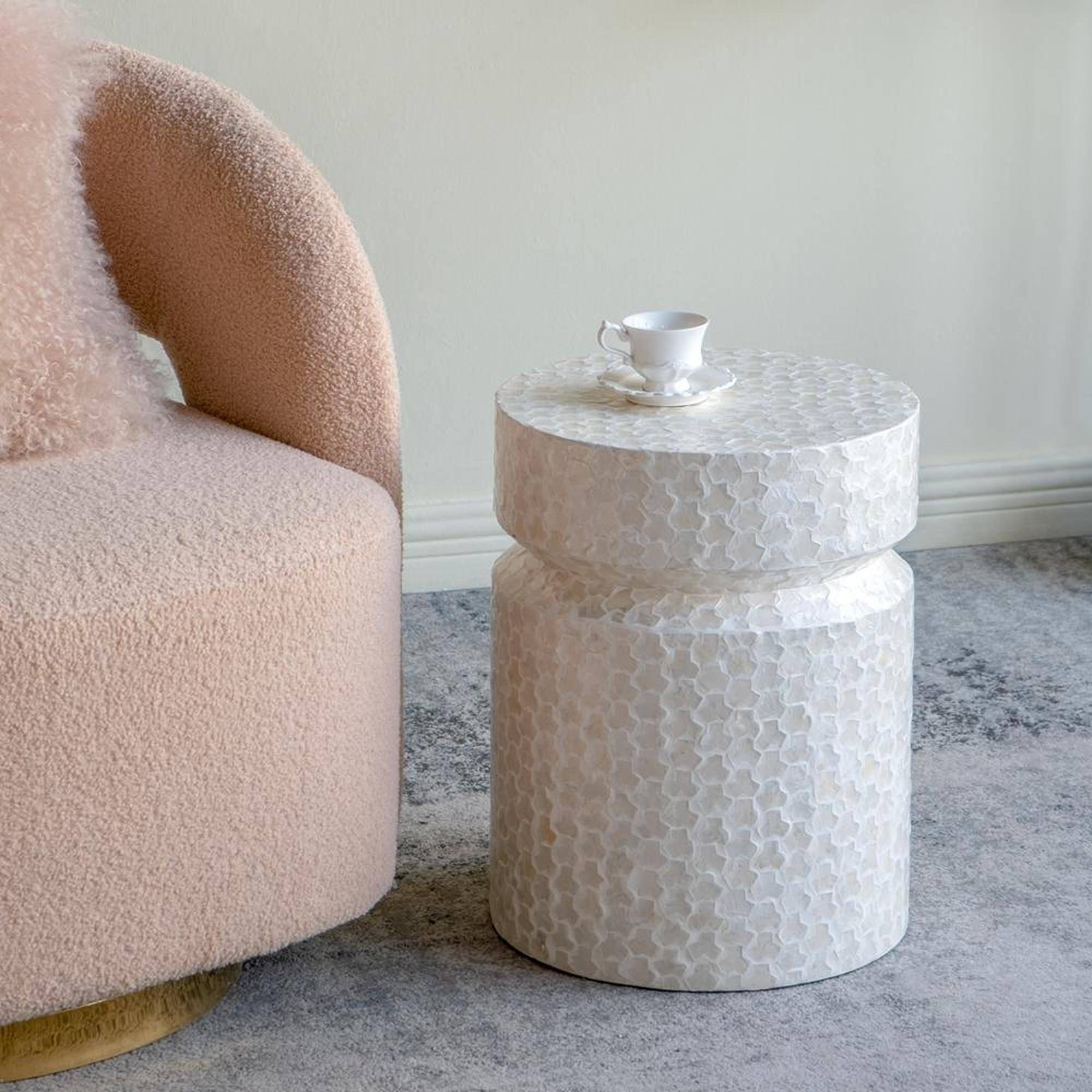 Dovecove 14x14x18" Round Wooden Accent Stool with White Capiz Finish ...