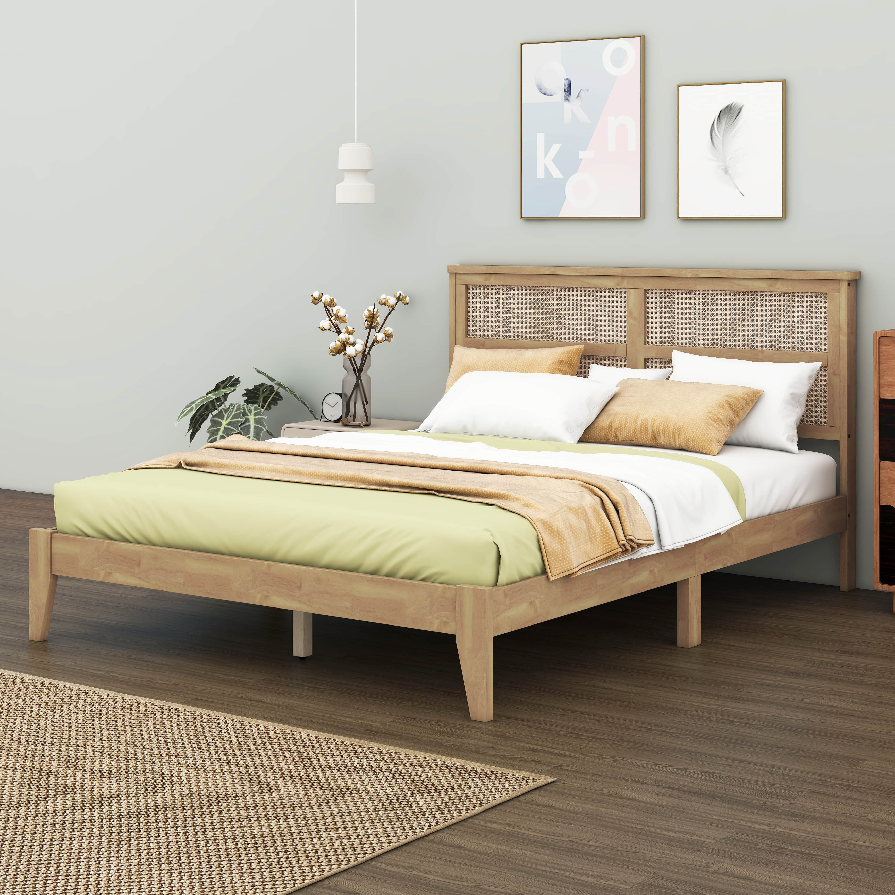 Bay Isle Home™ Queen Size Rubber Wooden Bed With Rattan Headboard ...