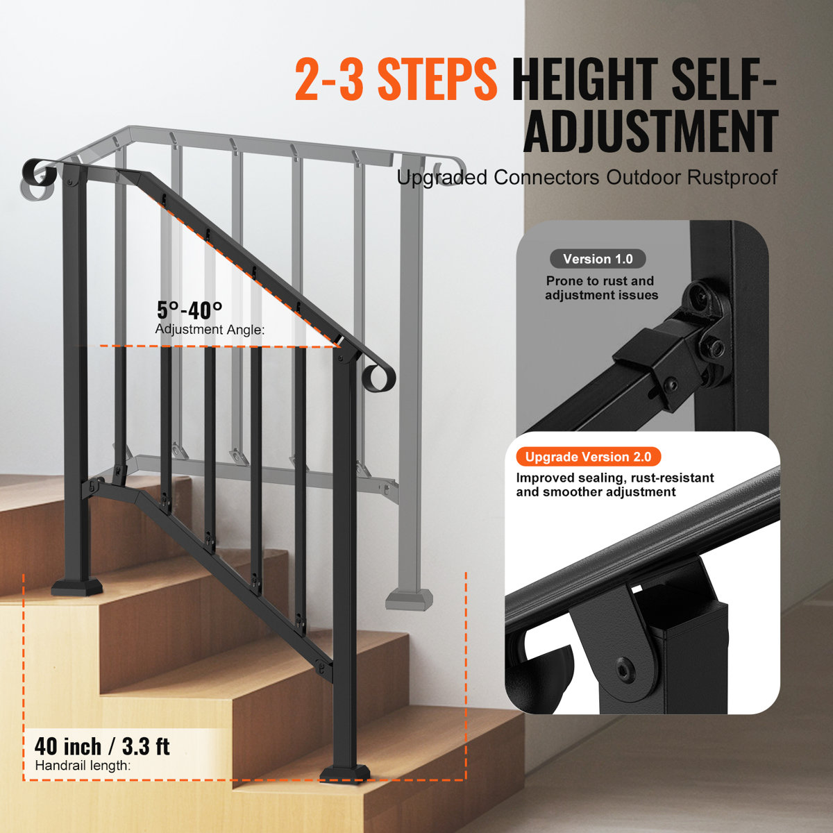 VEVOR 2-3 Step Handrails for Outdoor for Seniors Porch Deck Black Retro ...