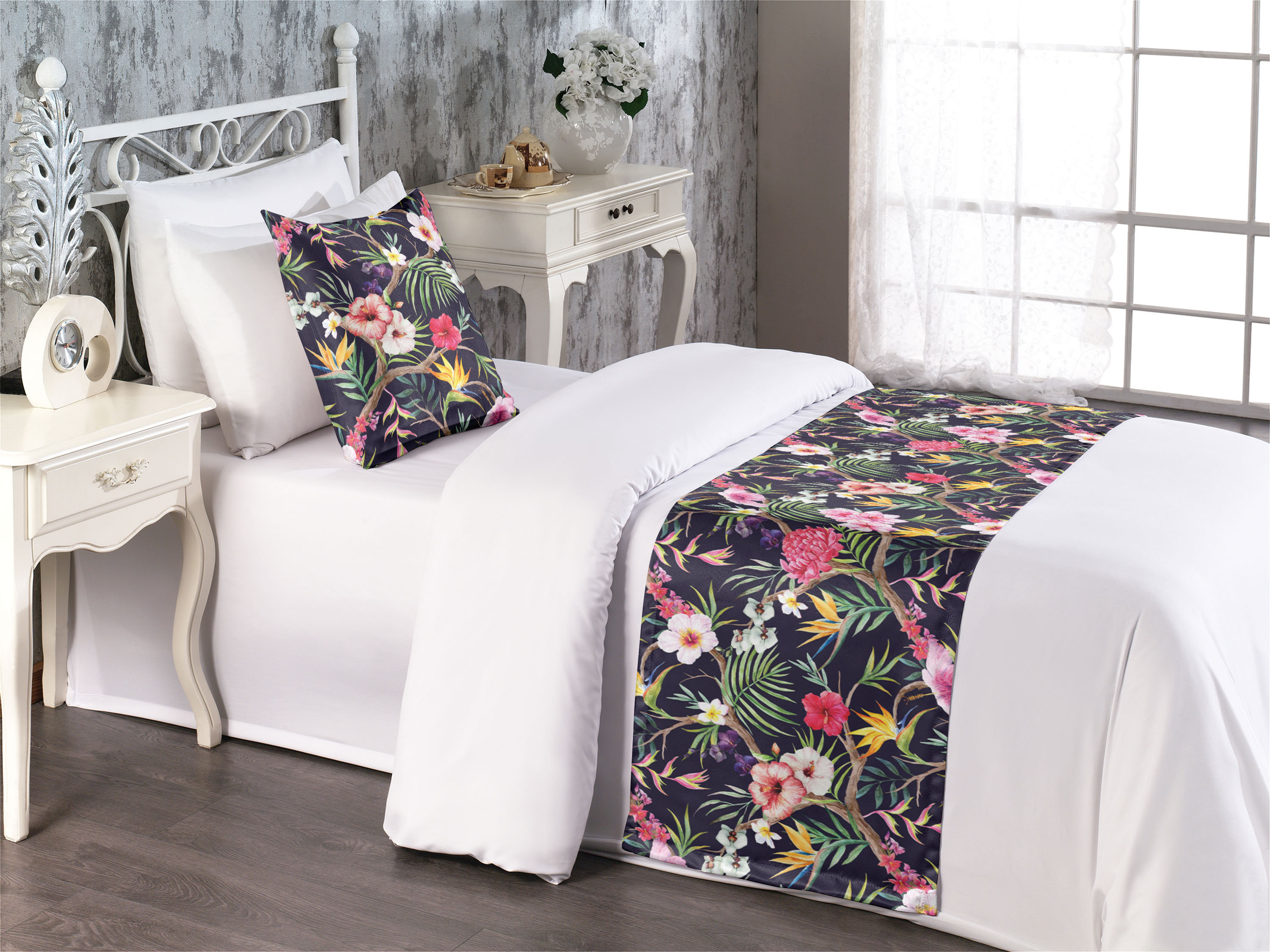 Ambesonne Tropical Bed Runner Set Plumeria Hibiscus Leaves Mustard ...