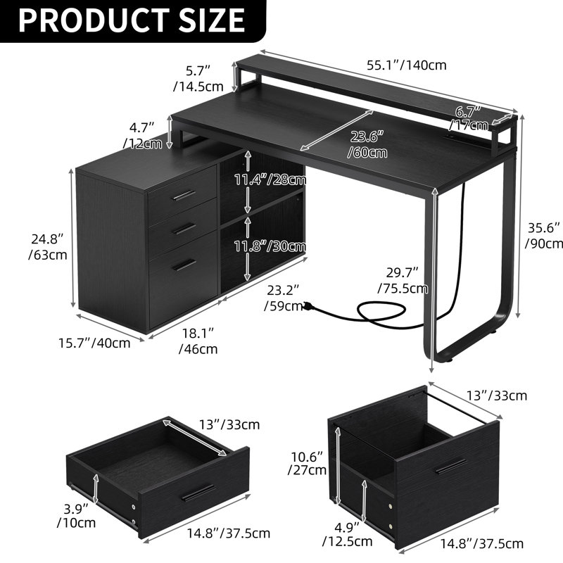 Wrought Studio™ 55'' L-Shape Computer Desk With LED Lights, Power ...