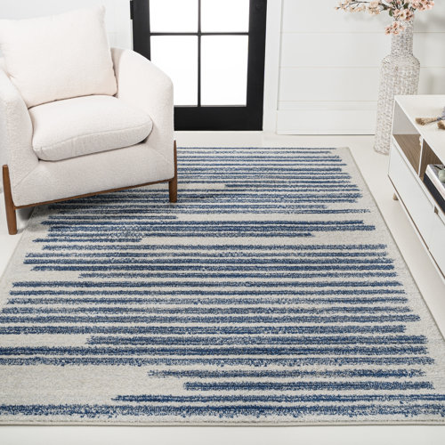 Beachcrest Home Baumgardner Modern Berber Stripe Cream/Navy Rug ...
