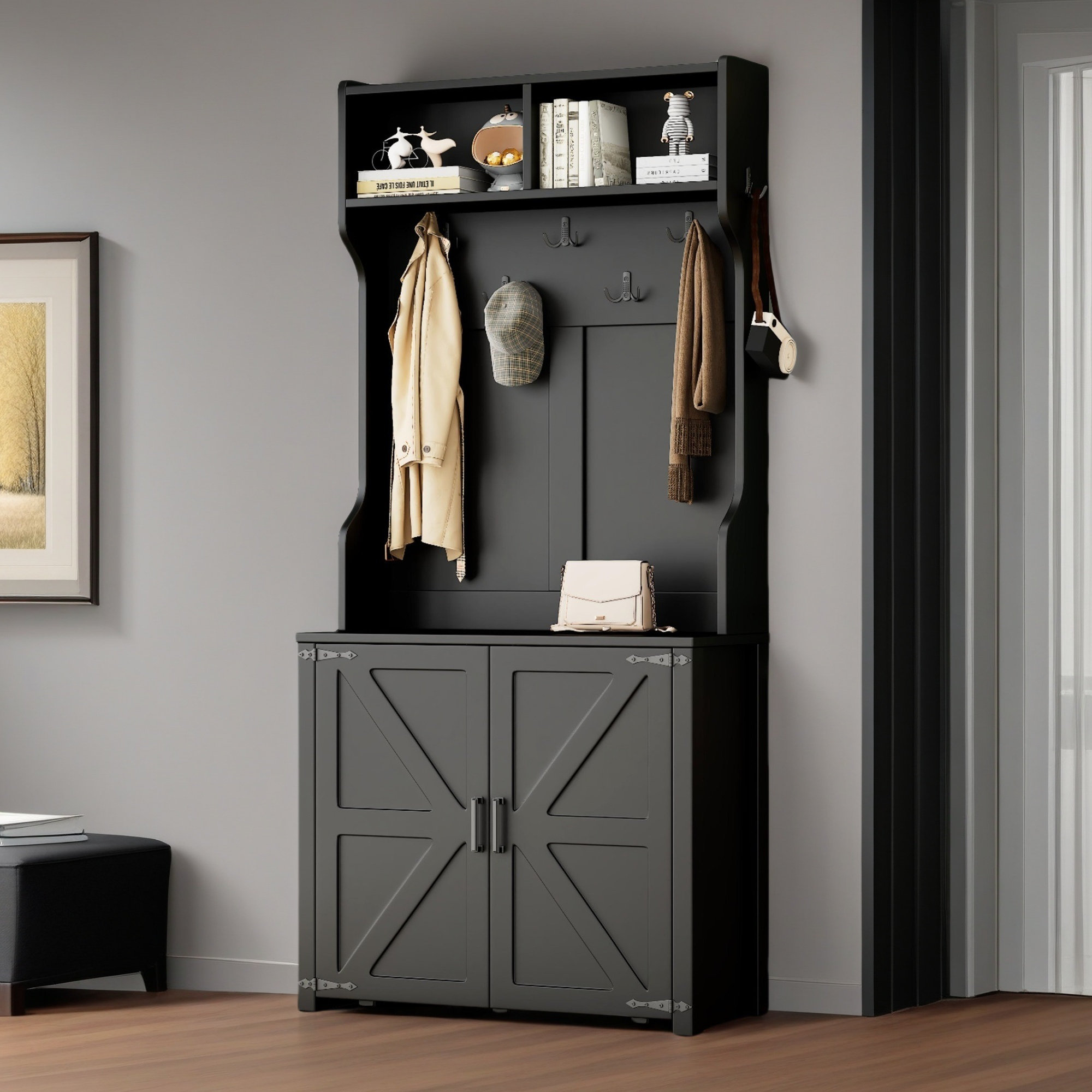 Gracie Oaks Farmhouse 4-In-1 Hall Tree With Barn Doors, Movable Bench ...