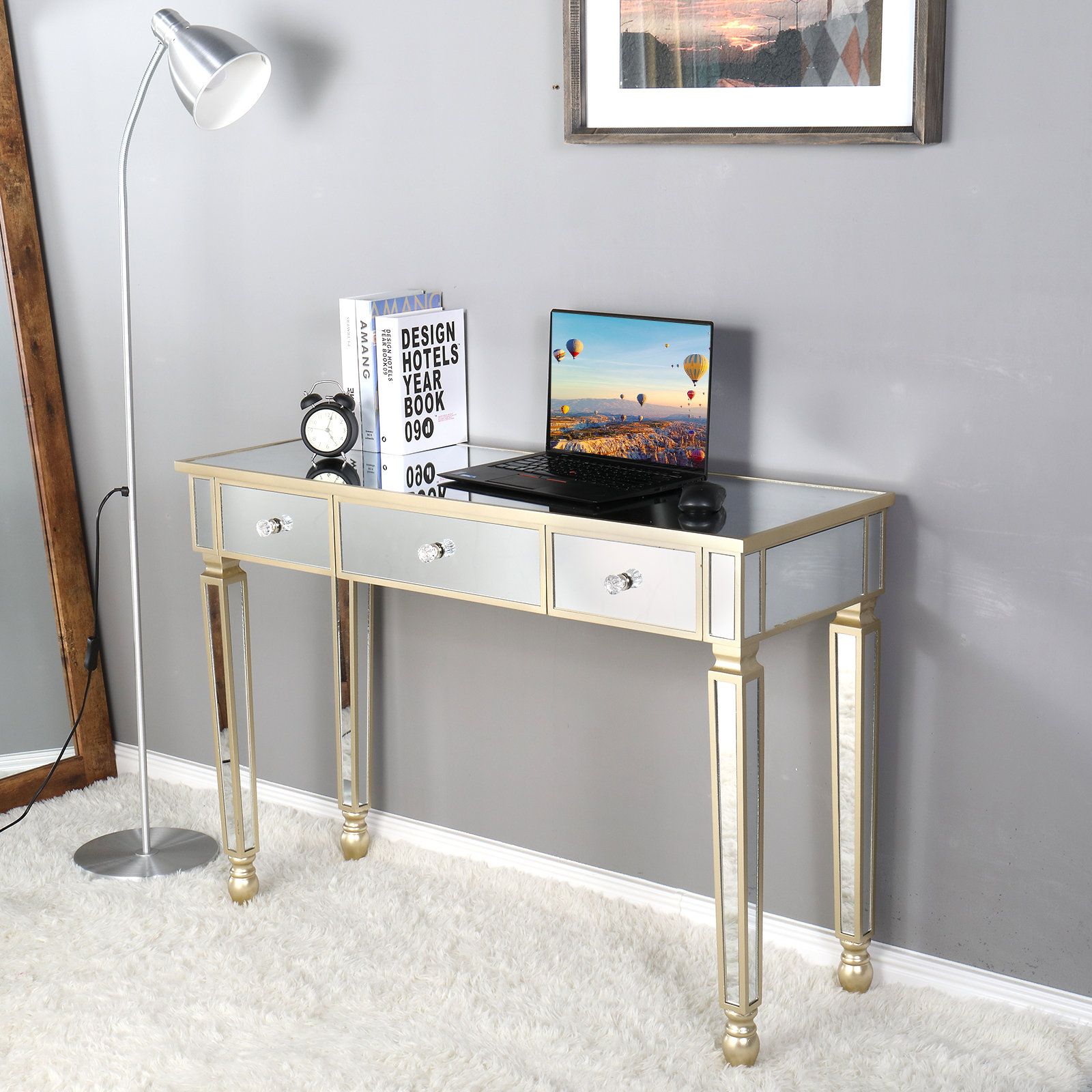 House of Hampton® Gold Mirrored Finish Computer Desk Vanity Desk With 3 ...
