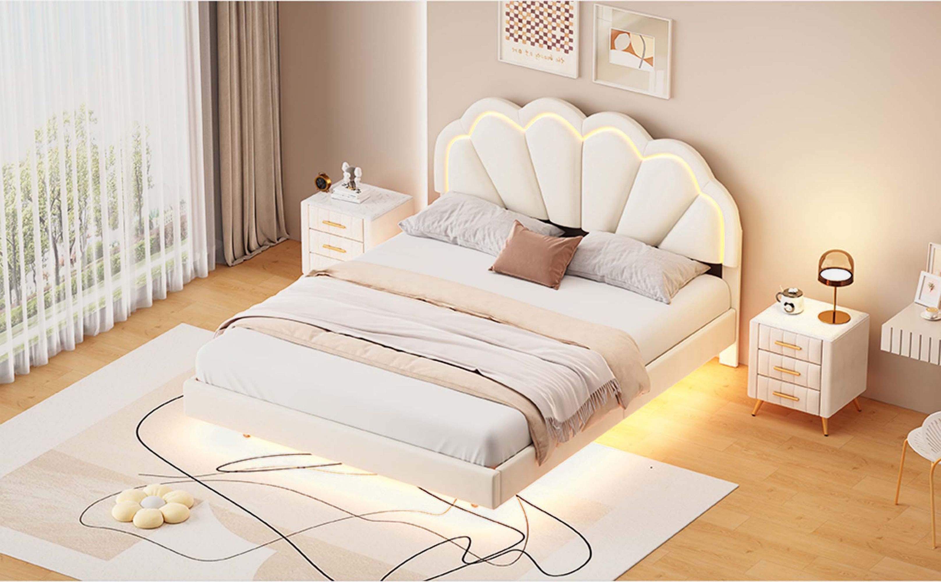Ivy Bronx Theodore Upholstered Smart LED Bed Frame with Elegant Flowers ...