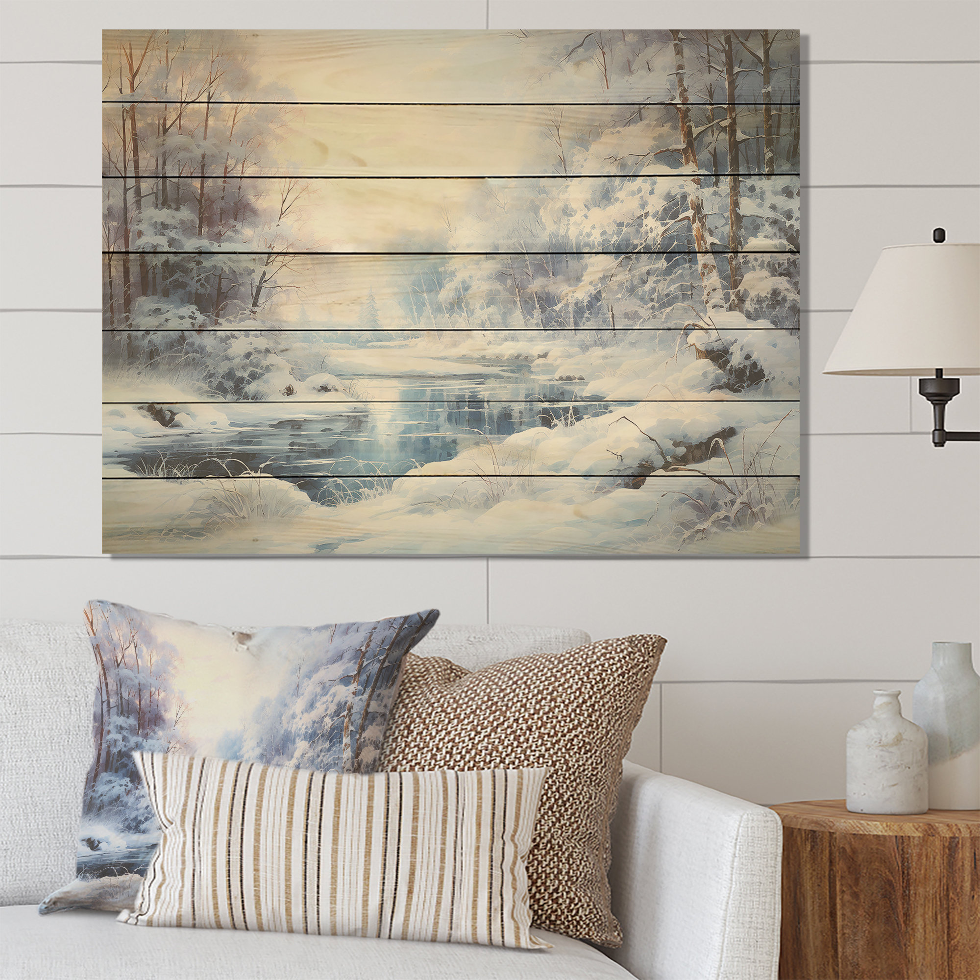 Millwood Pines Winter River Window View II - Winter Landscape On Wood ...