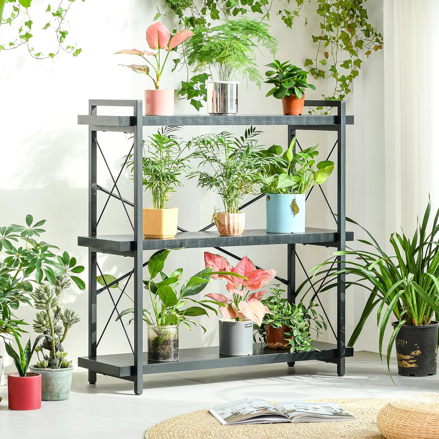 Latitude Run® 3-Tier Industrial Bookcase, Open Book Shelf, Wood and ...
