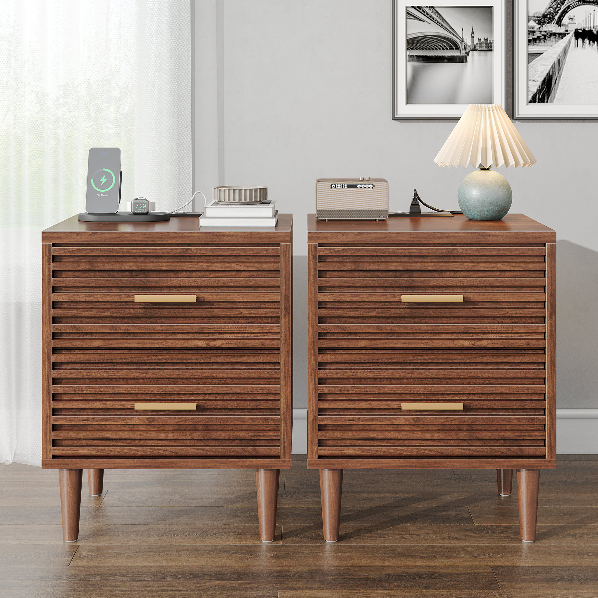 Mercer41 Fluted Nightstands Set 2, Nightstands with Charging Station, Mid Century Night Stands ...